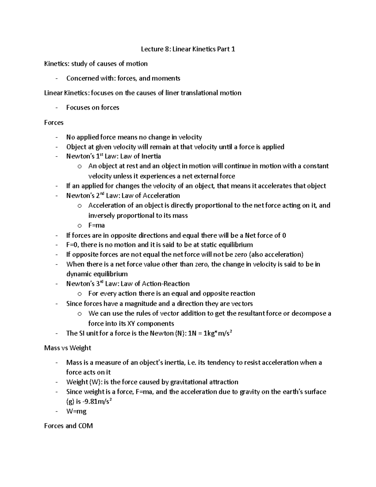 Lecture 8 Linear Kinetics - Lecture 8: Linear Kinetics Part 1 Kinetics ...