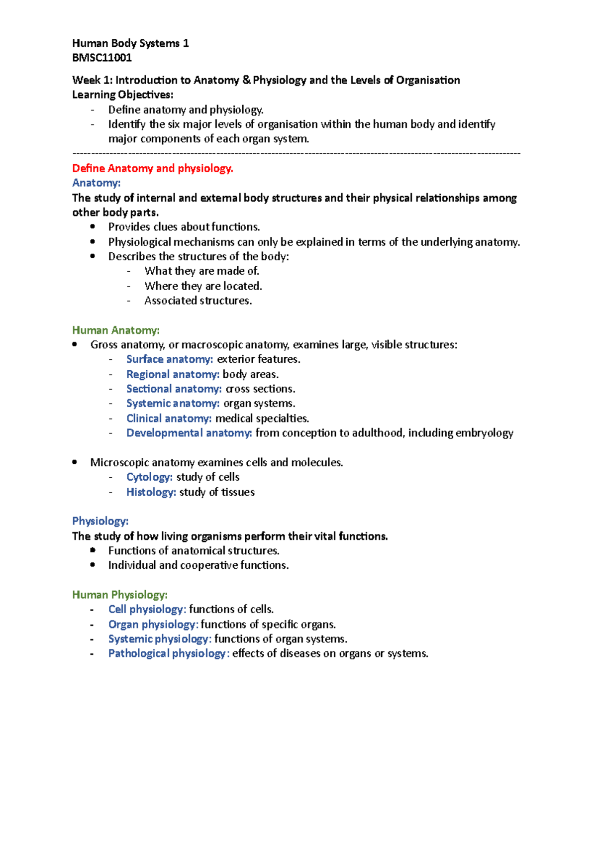 Week 1 - Lecture Notes - Human Body Systems 1 - BMSC Week 1 ...