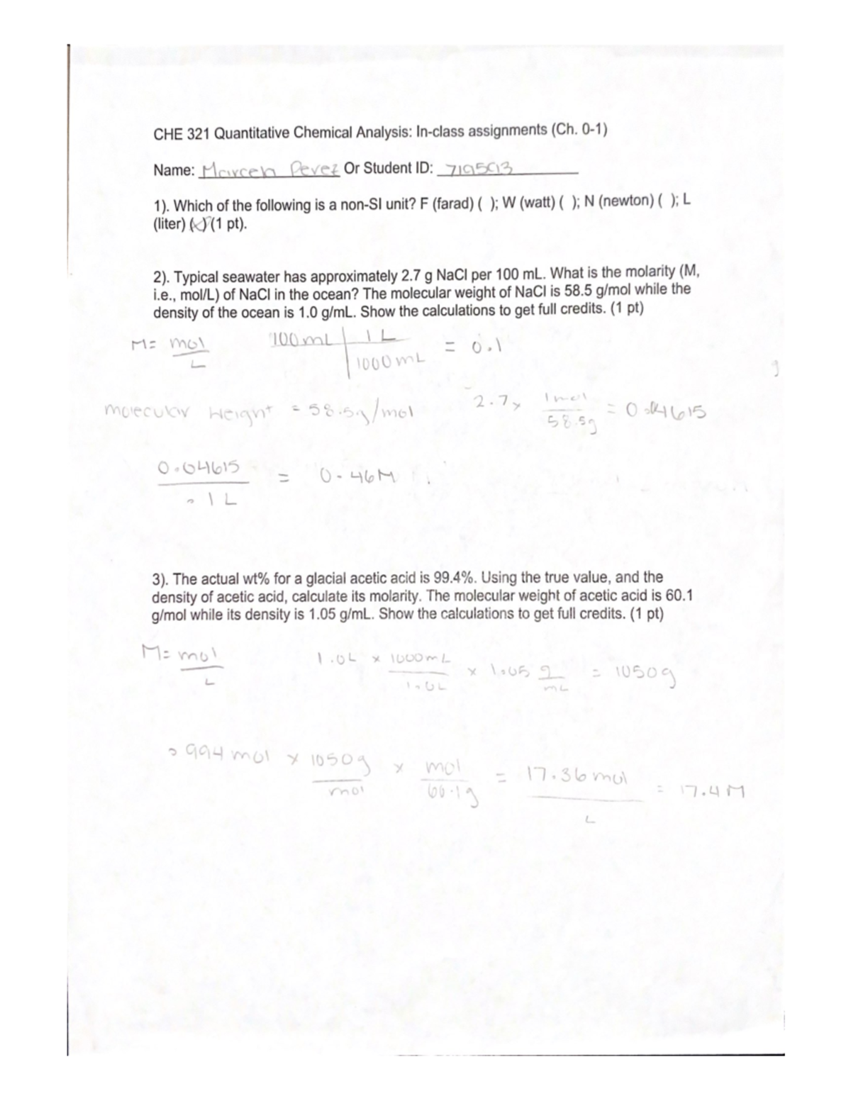 CHE321 inclass - In Class - CHE 321 - Studocu