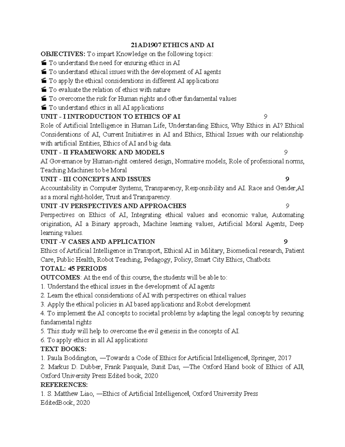 21AD1907 Ethics AND AI - syllabus and text book - 21AD1907 ETHICS AND ...