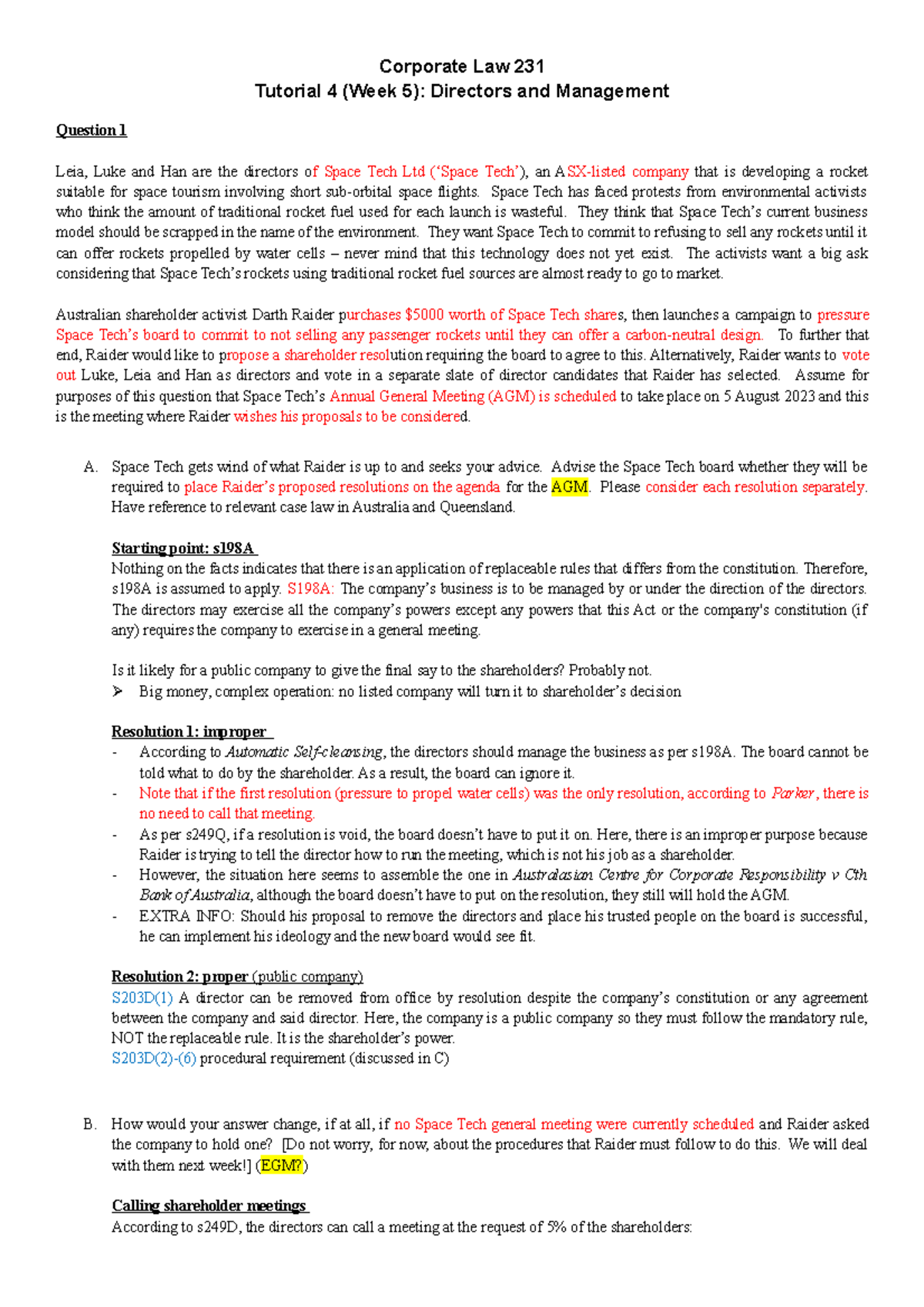 Corporate Law Tutorial 4 Week 5 Directors And Management