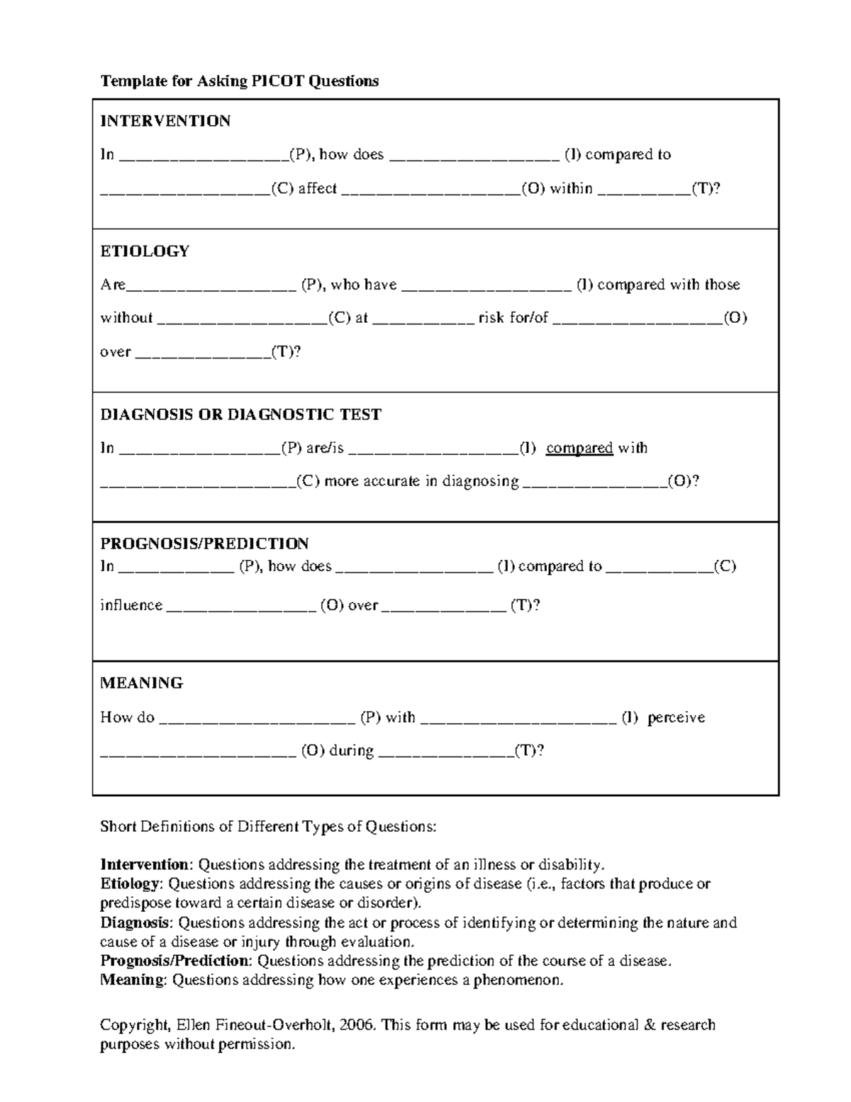 Picot Questions Template - Copyright, Ellen Fineout-Overholt, 2006 ...