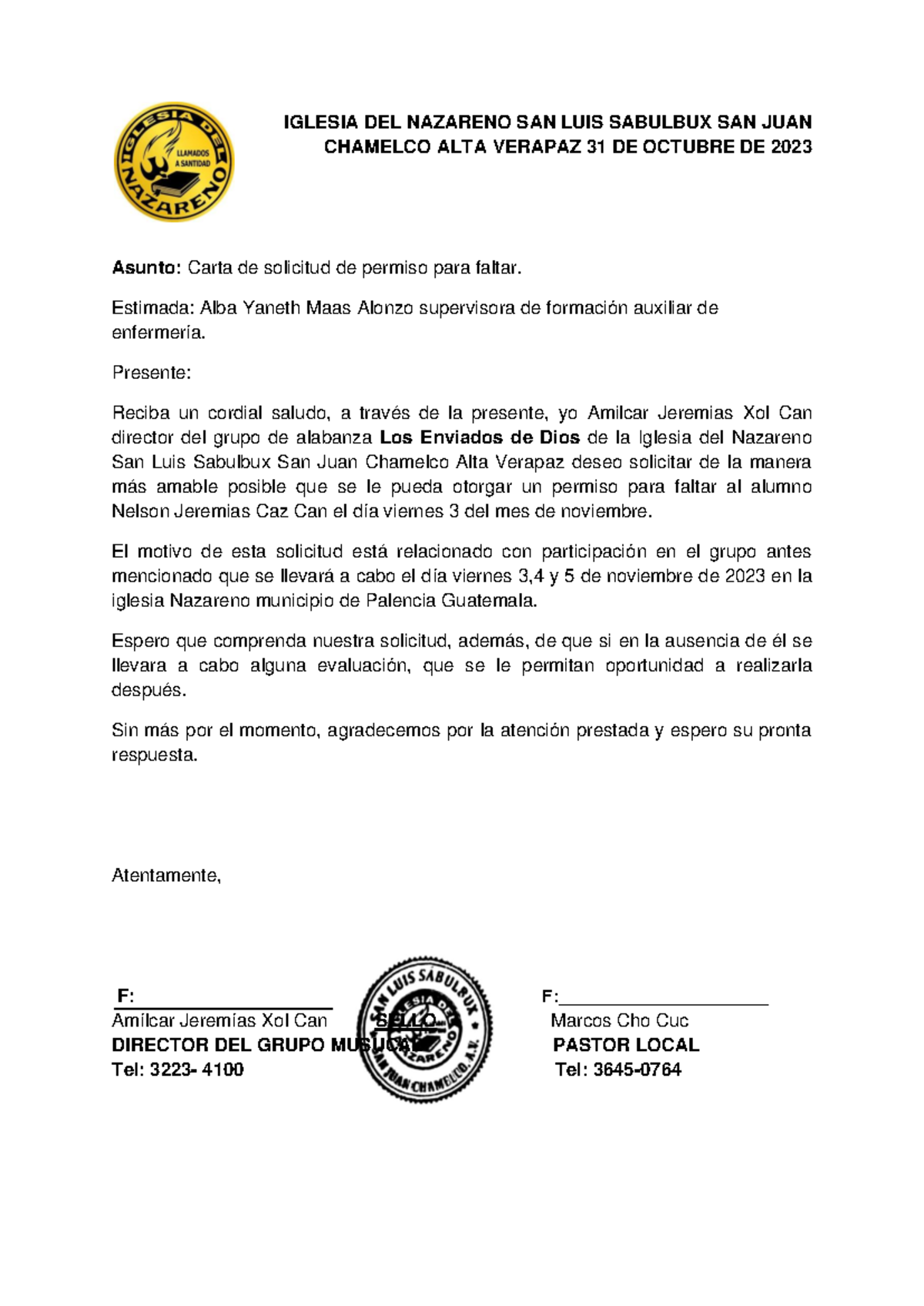 Carta de solicitud de permiso para faltar - Estimada: Alba Yaneth Maas ...