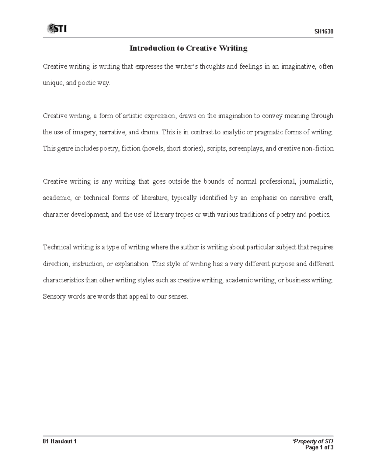 SH1630 - Creative Writing 01-Handout-1 - SH 01 Handout 1 *Property of ...
