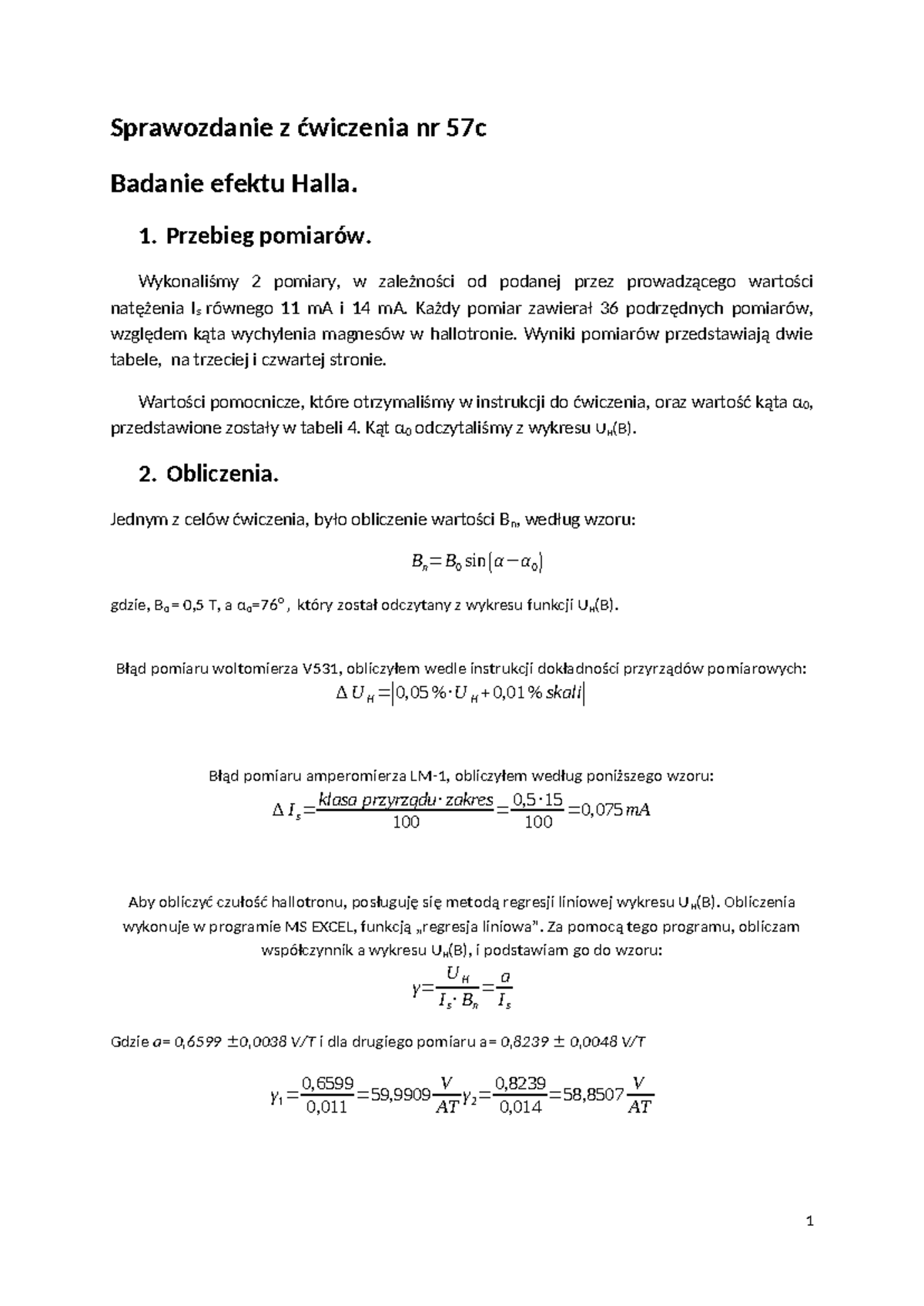 S57c - Sprawozdanie z ćwiczenia nr 57c Badanie efektu Halla. 1 ...