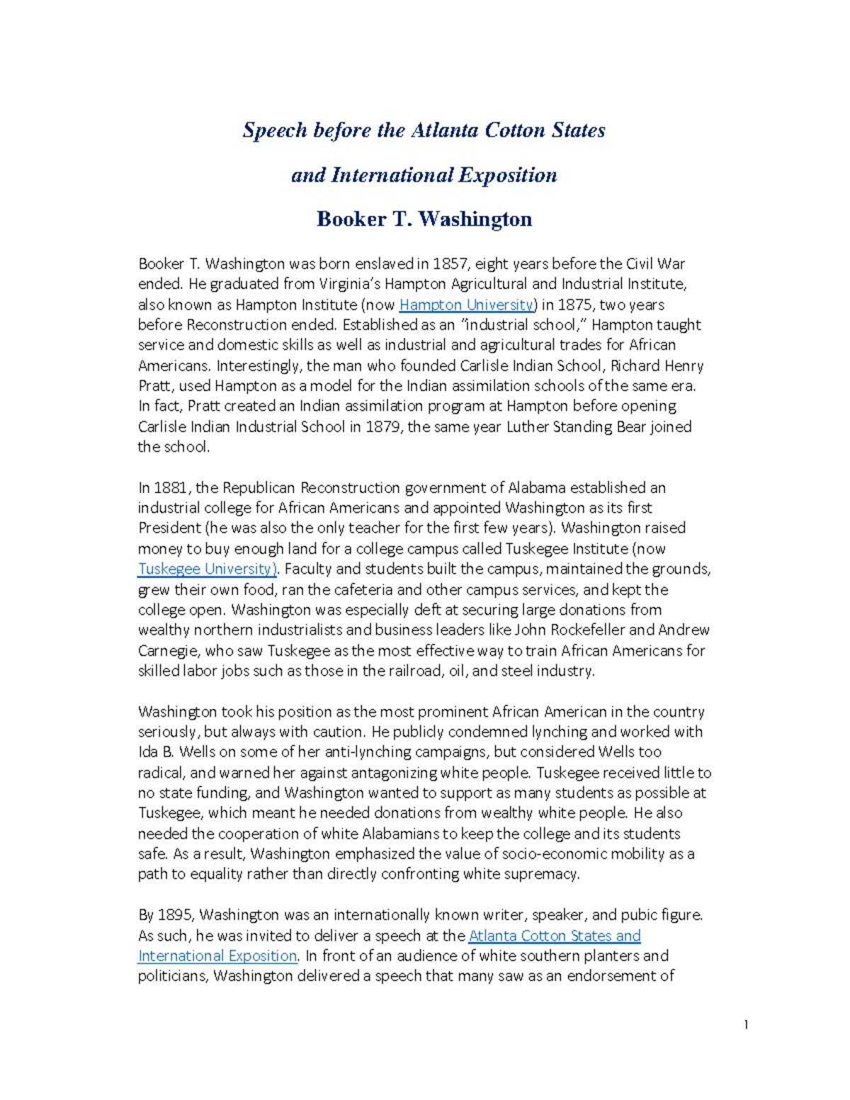 Washington, Speech to the Atlanta Cotton Exposition - Speech before the ...