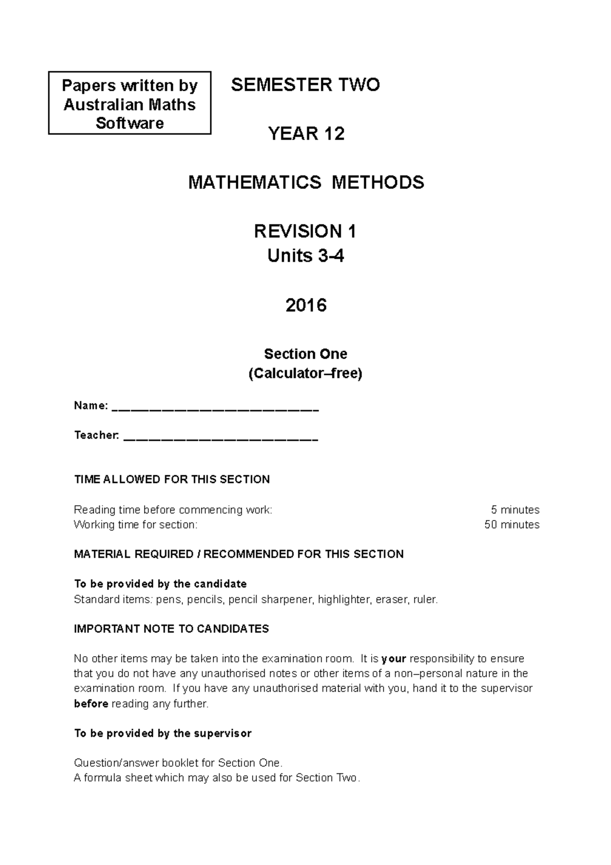 Exam April 2016, questions and answers - SEMESTER TWO YEAR 12 ...
