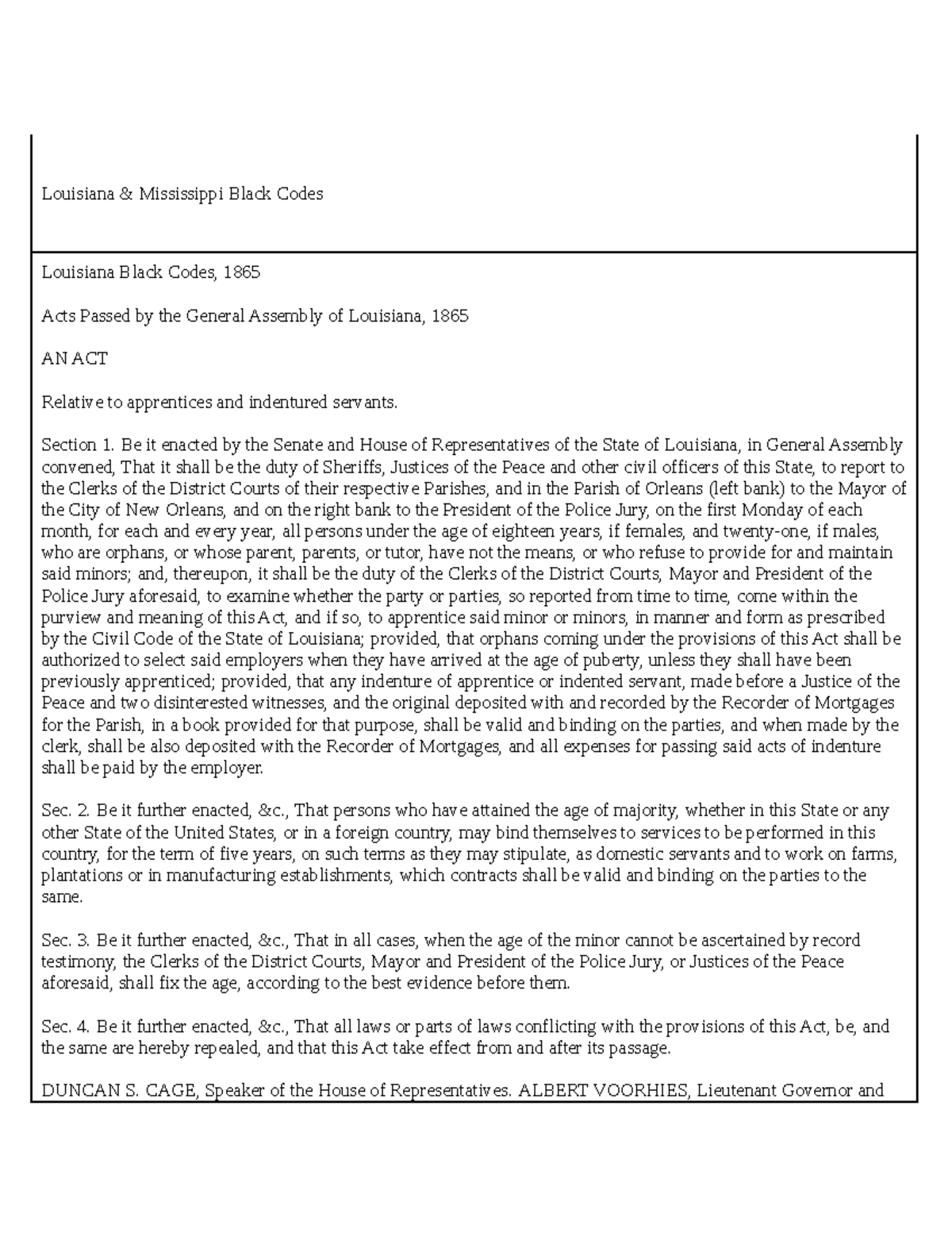 Black Codes - Section 1. Be it enacted by the Senate and House of ...