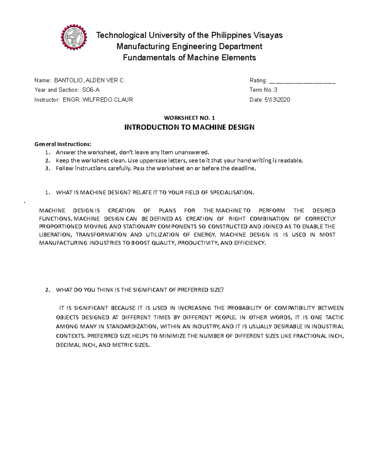 Worksheet NO 1 Introduction TO Machine Design - Technological ...