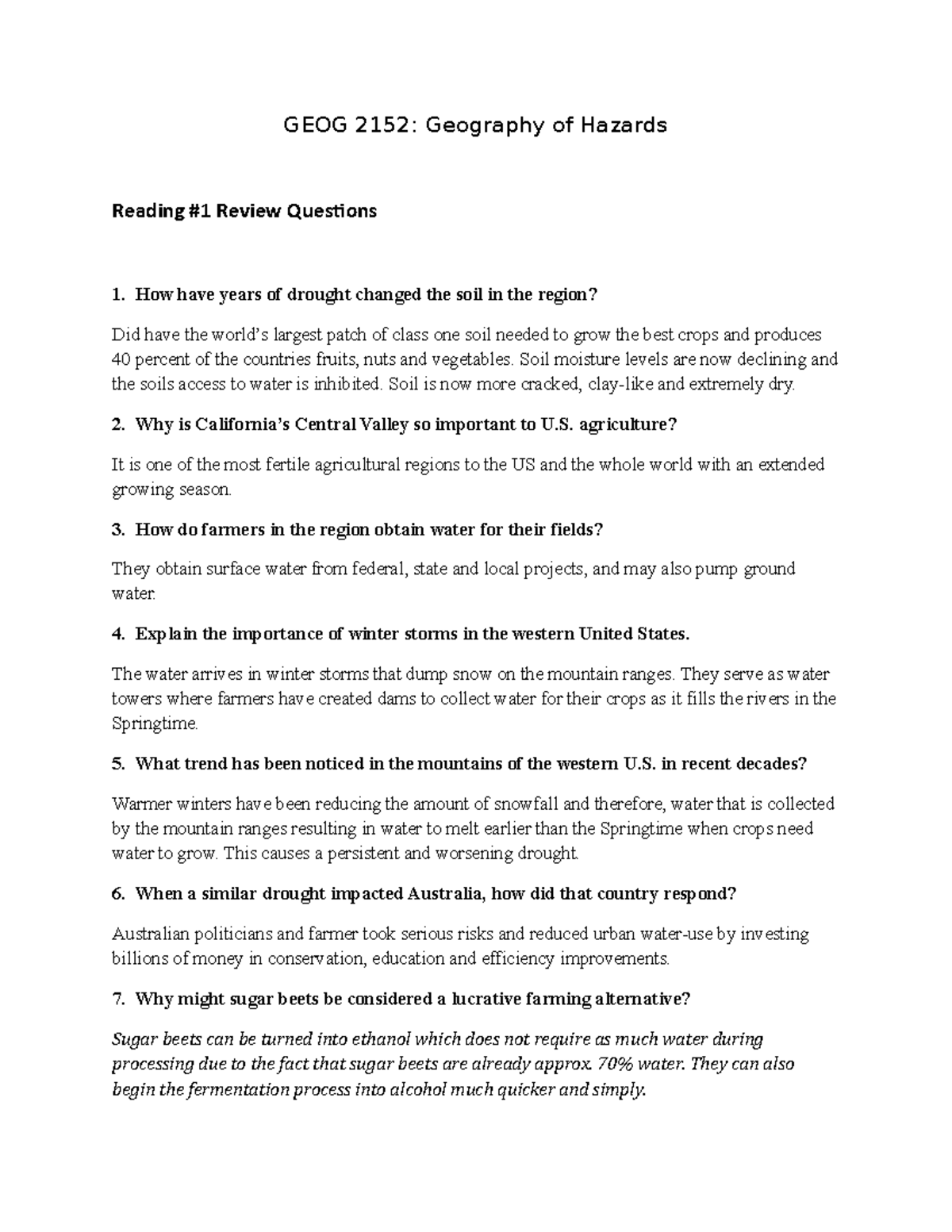 Reading 1 Questions - GEOG 2152: Geography of Hazards Reading #1 Review ...