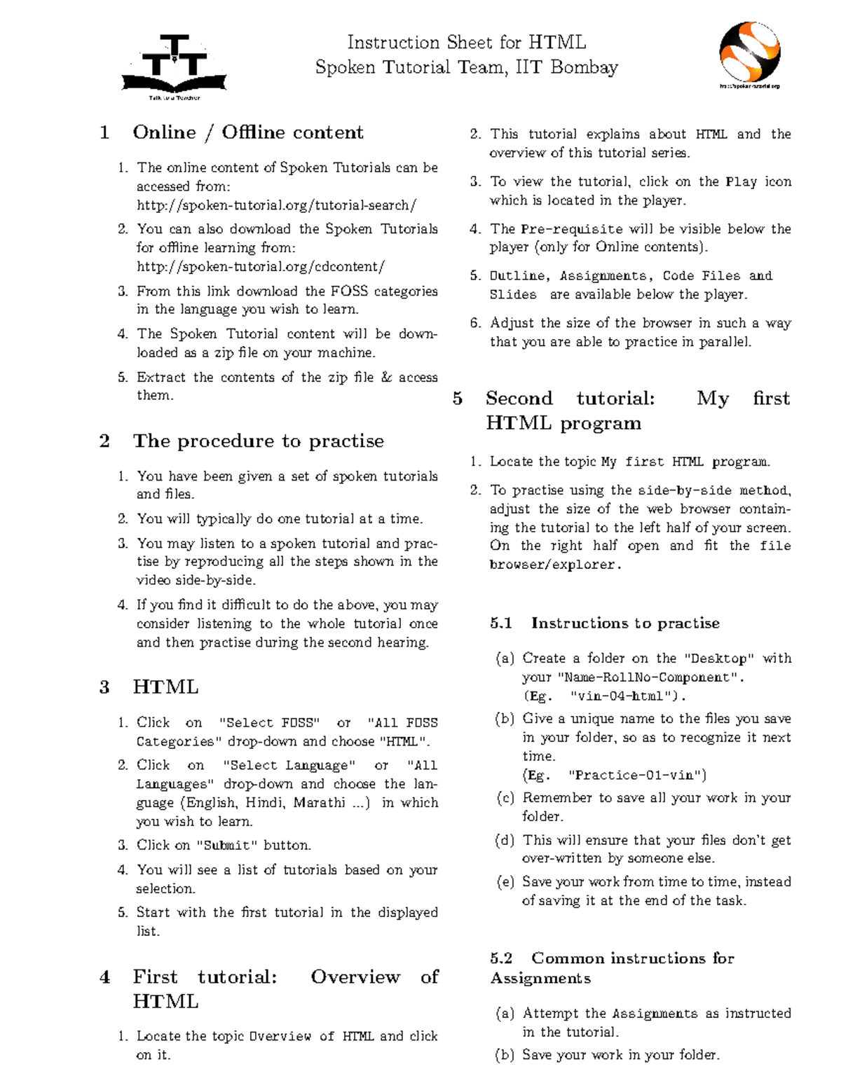 HTML Instruction Sheet English - Instruction Sheet for HTML Spoken Tutorial Team, IIT Bombay 1 ...