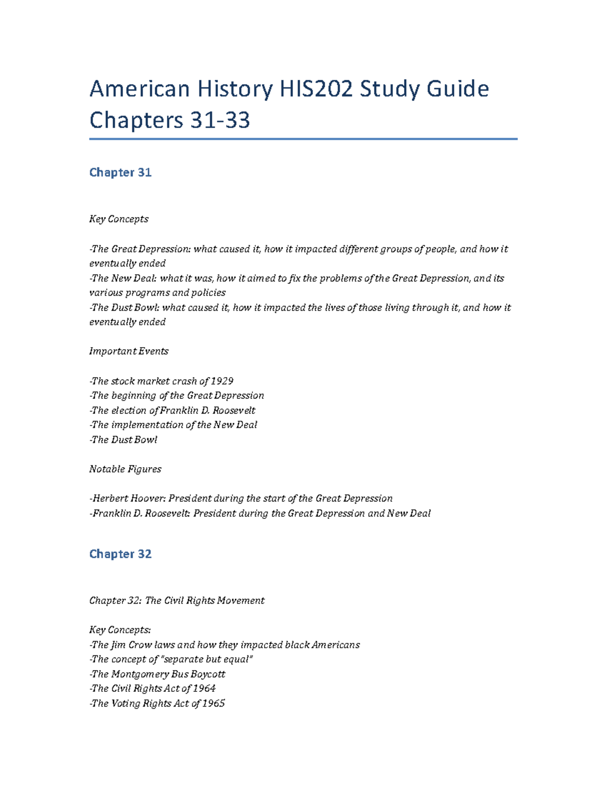 American History HIS202 Study Guide Chapters 31-33 - American History ...