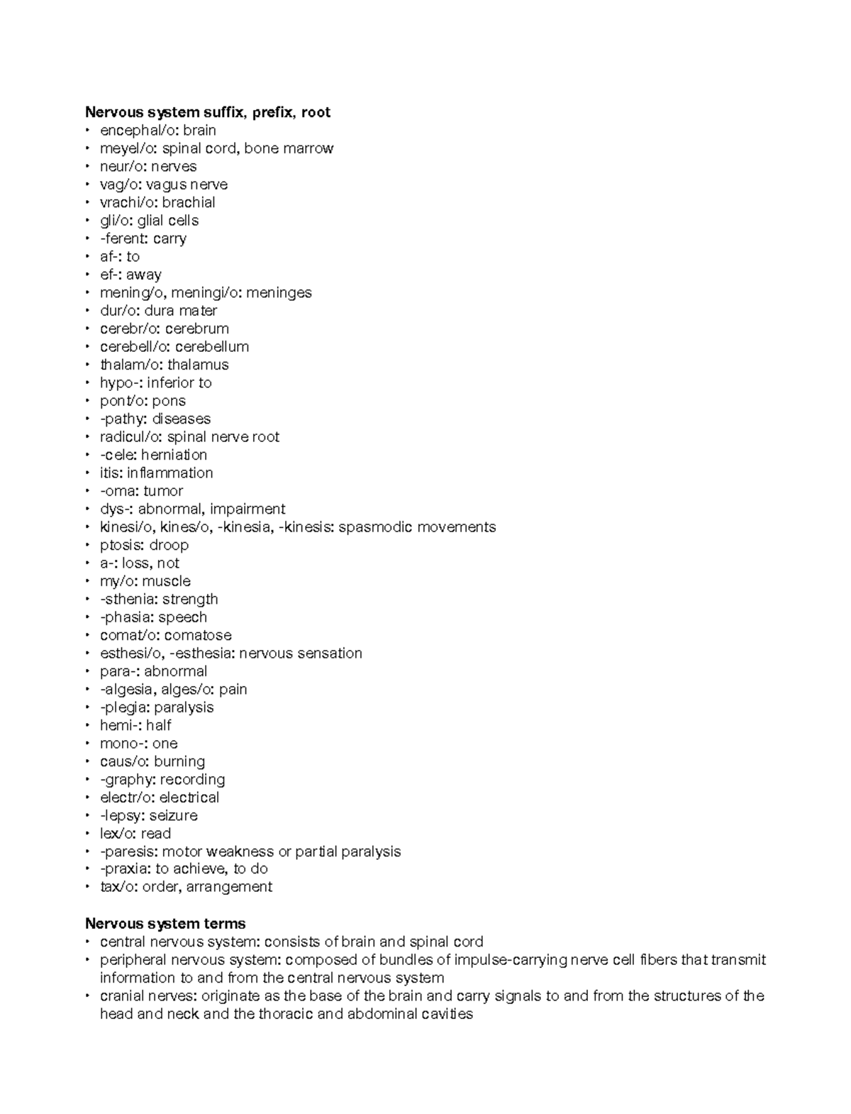 Ch 10 nervous system - medical terminology, professor: jessica ...