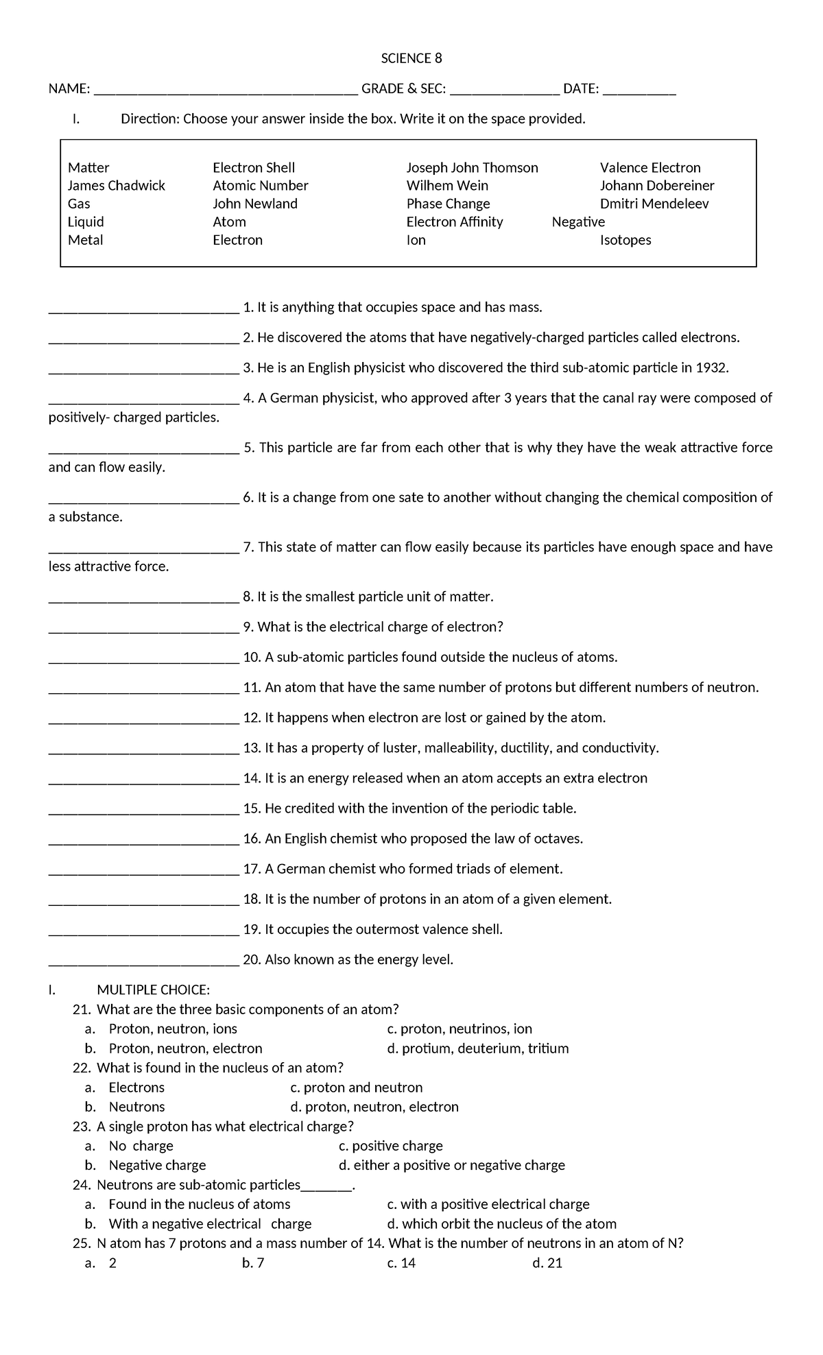 Science 8 mastery test - SCIENCE 8 NAME ...