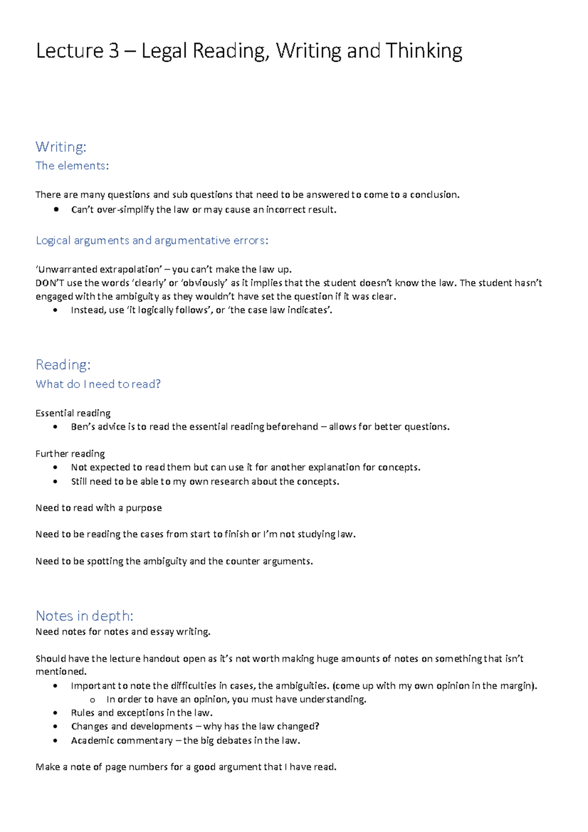 Legal Reading, Writing and Thinking Lecture 2 notes - Lecture 3 – Legal ...