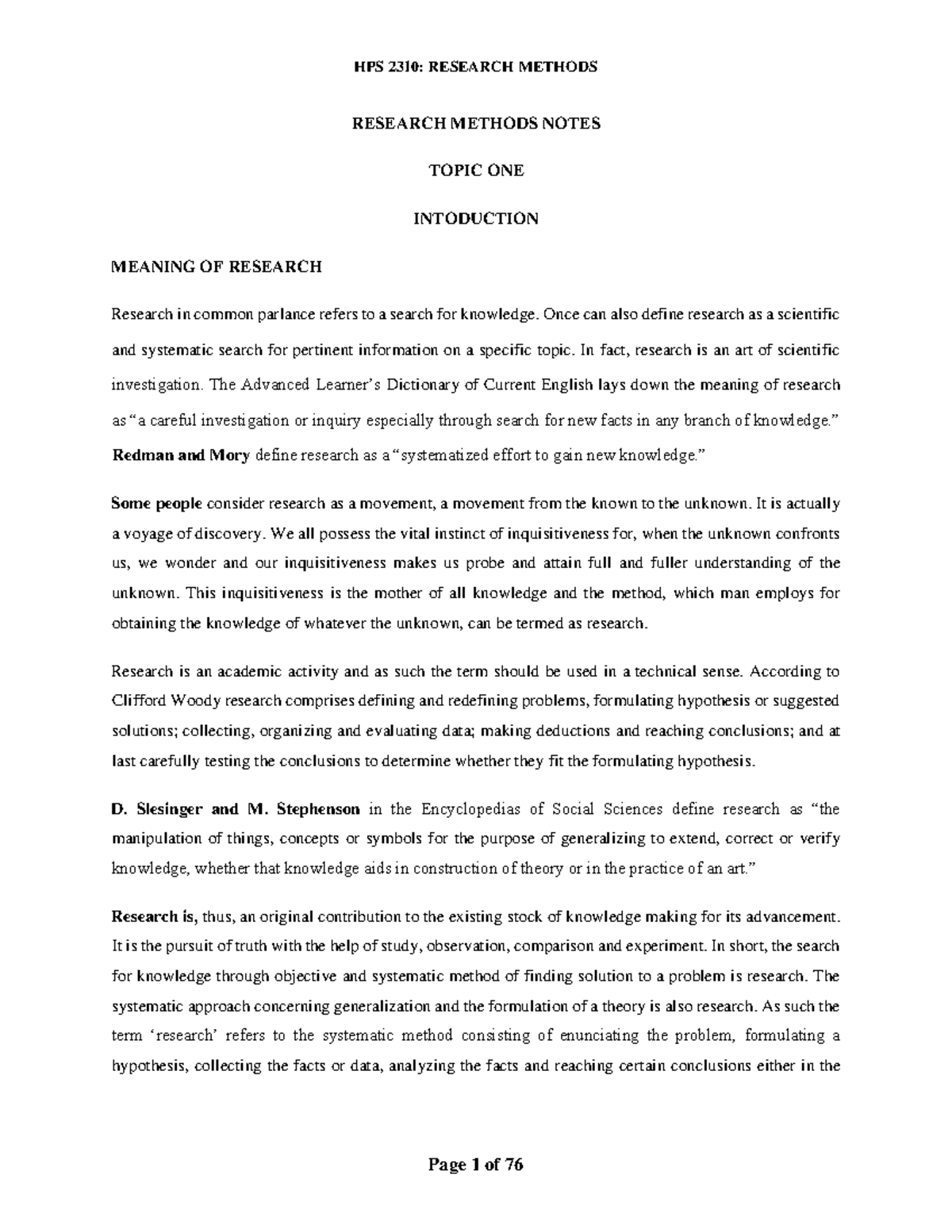 Research Methods Notes - RESEARCH METHODS NOTES TOPIC ONE INTODUCTION ...