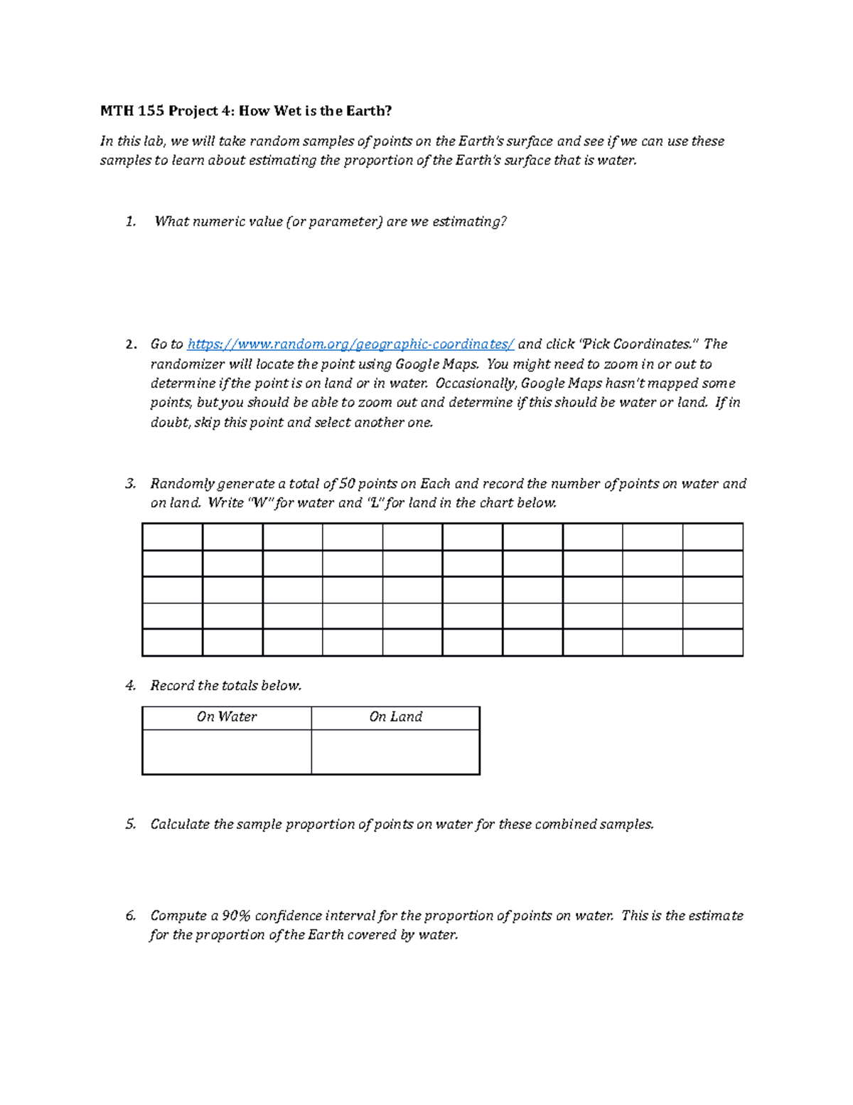 Project 4 Lab How Wet is the Earth - MTH 155 Project 4: How Wet is the ...