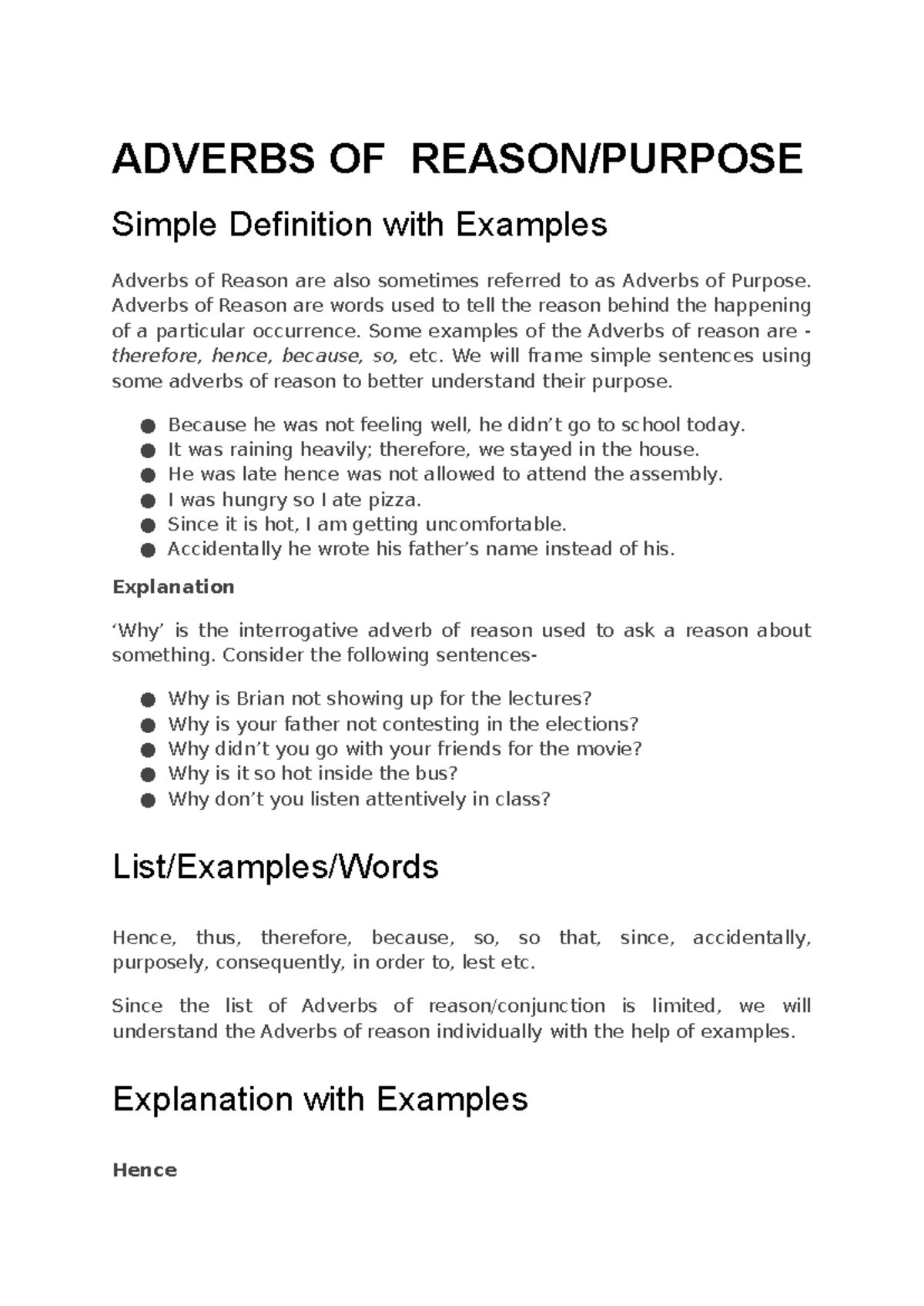 Adverbs of Reason - Ejercicios - ADVERBS OF REASON/PURPOSE Simple ...