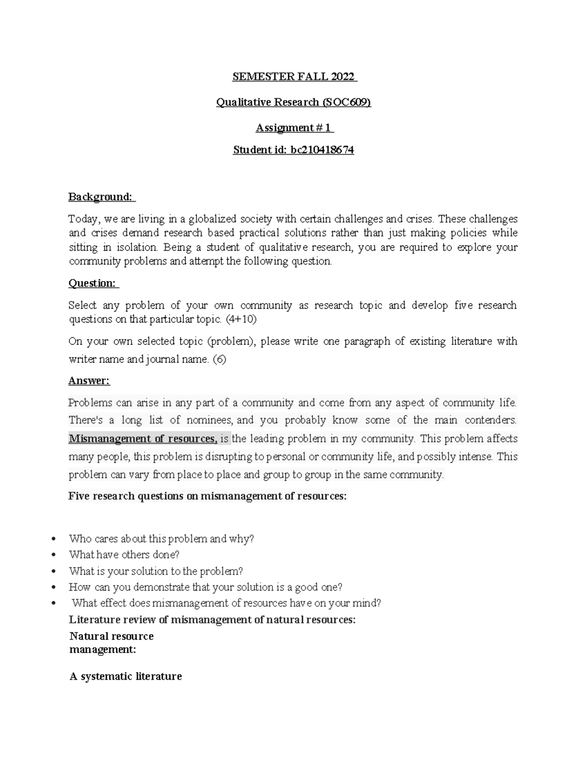 Solution file SOC609 - nill - SEMESTER FALL 2022 Qualitative Research (SOC609) Assignment # 1 ...