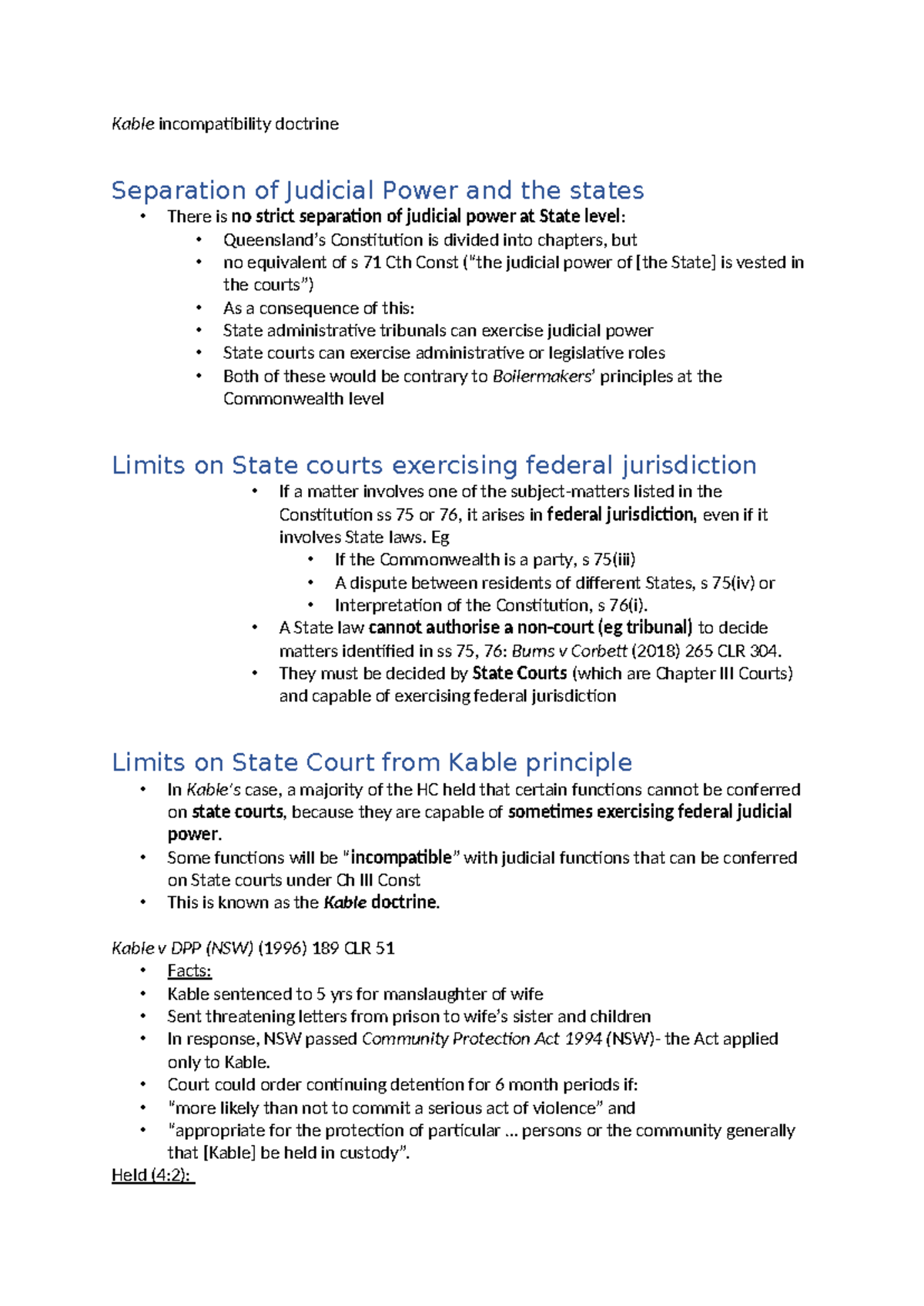 Week 12 - TUTORIAL NOTES - Kable incompatibility doctrine Separation of ...