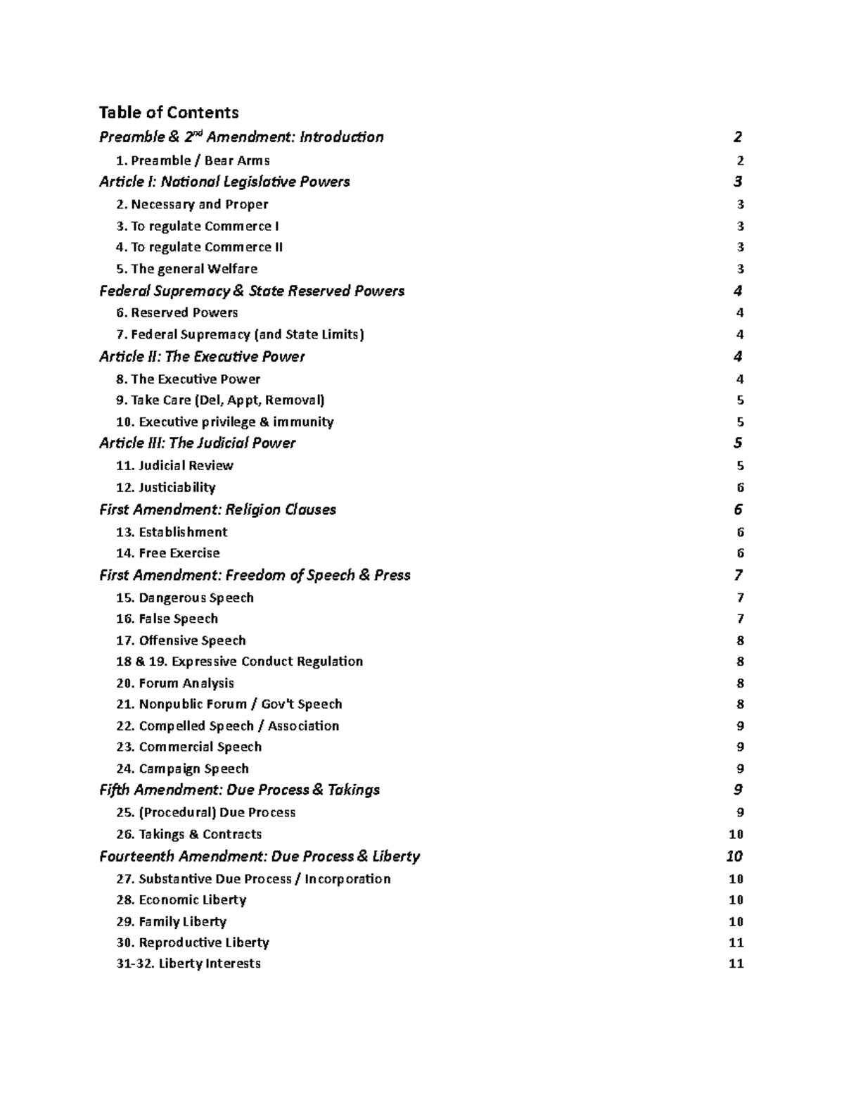 Con Detailed Outline - Table of Contents Preamble & 2nd Amendment ...