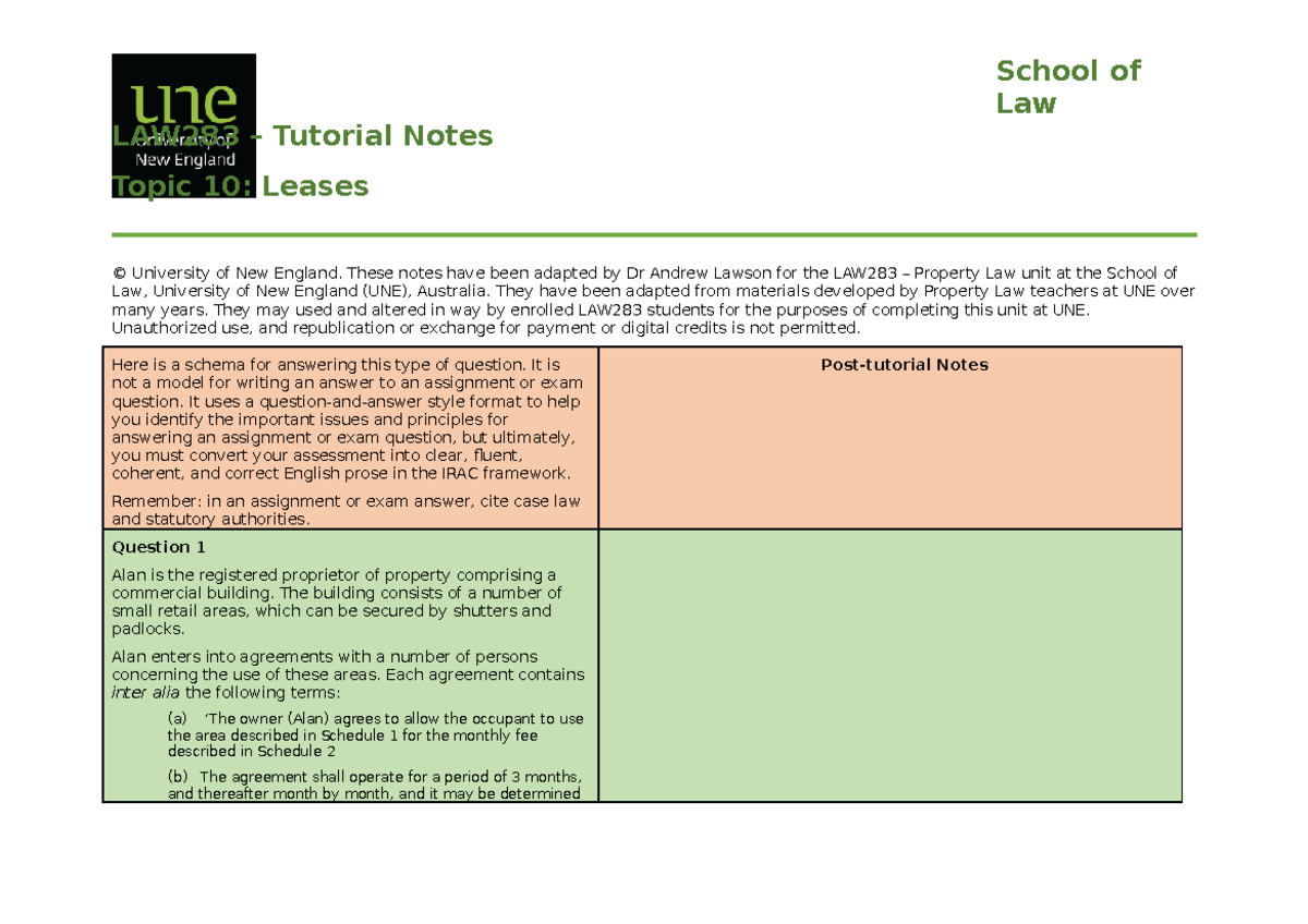 Topic 10 Post-Tute Notes Leases v23 - School of Law LAW283 – Tutorial ...