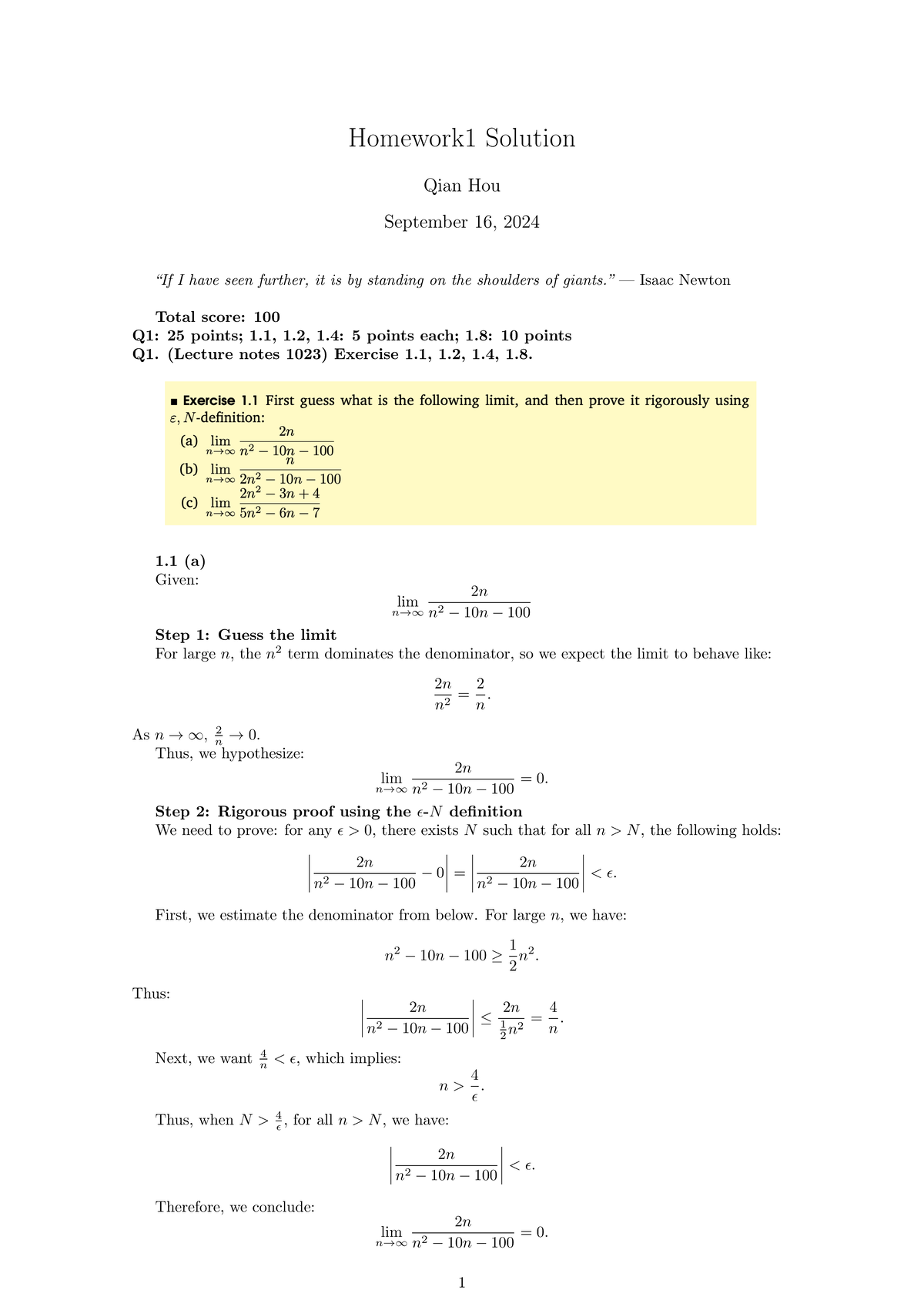 HW1-Honor calculus Solution - Homework1 Solution Qian Hou September 16, 2024 “If I have seen ...
