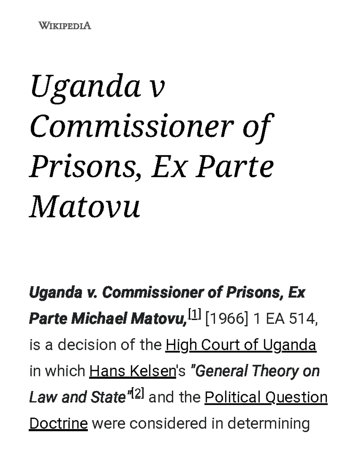Uganda v Commissioner of Prisons, Ex Parte Matovu - Wikipedia - Uganda ...