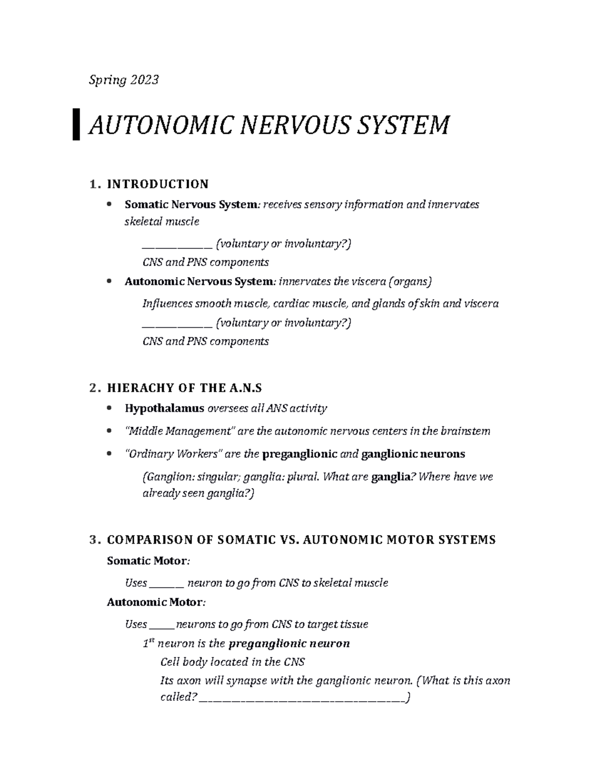 ANS notes student S2023 - Spring 2023 AUTONOMIC NERVOUS SYSTEM 1 ...