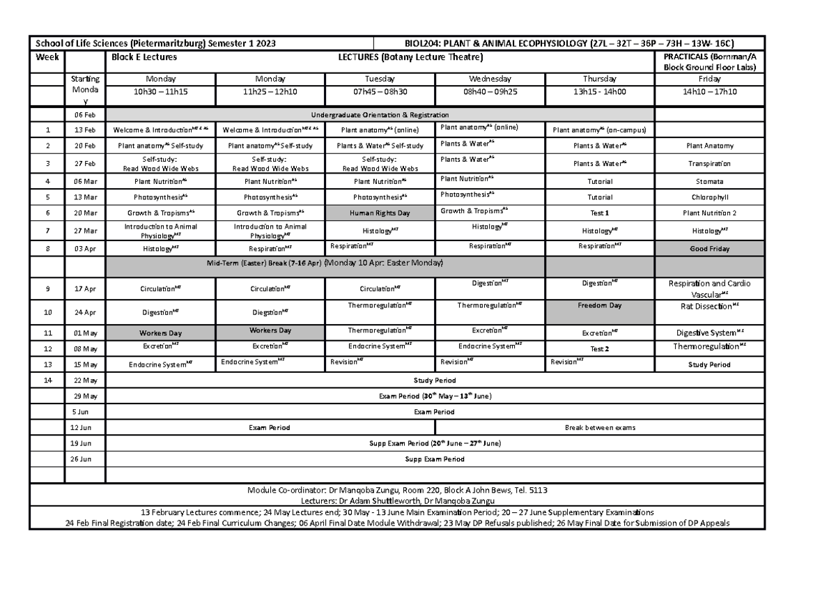 2023 BIOL204 Time Table - Version 1 Full - School of Life Sciences ...