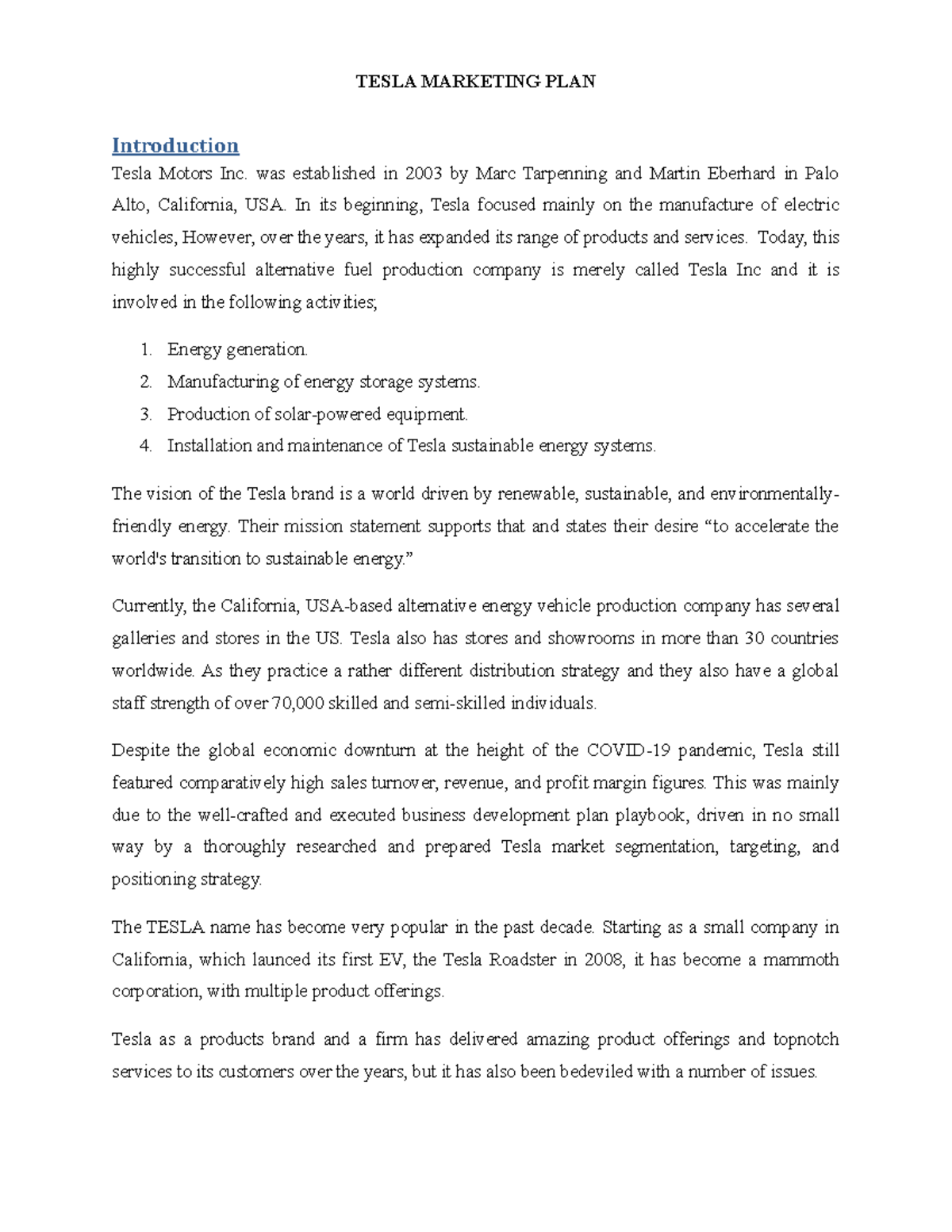 Tesla draft 90 - Marketing plan - TESLA MARKETING PLAN Introduction ...