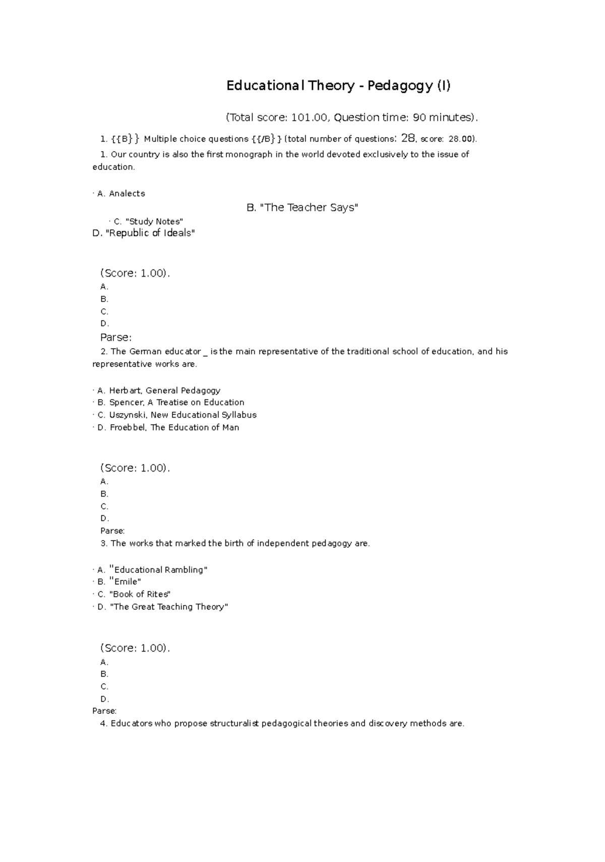 Educational Theory - Pedagogy (I) - 1. {{B}} Multiple choice questions ...