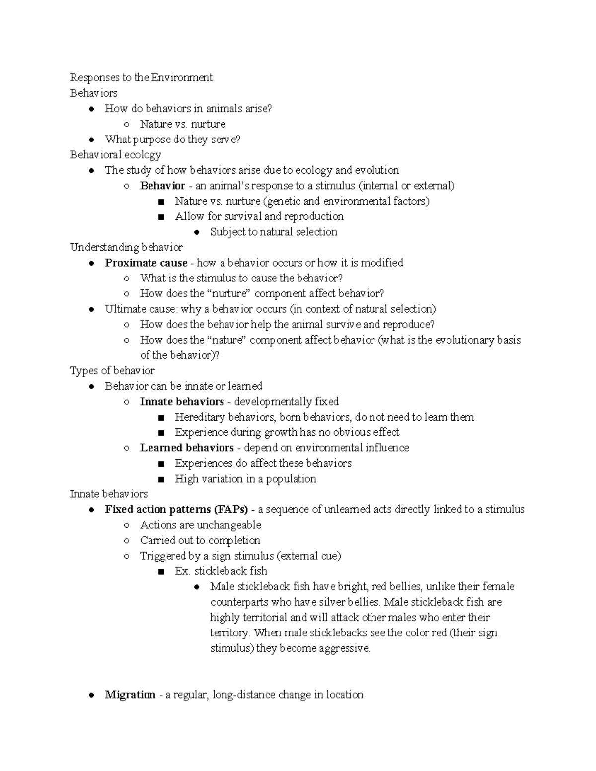 Ecology Unit 8 - Responses to the Environment Behaviors How do ...