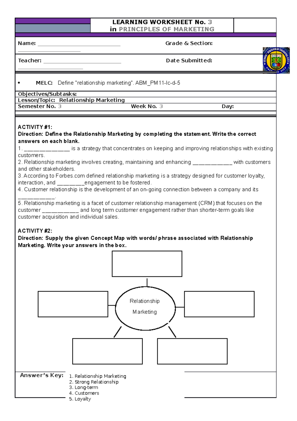 WORK- Sheet-3 Principles OF Marketing - LEARNING WORKSHEET No. 3 in ...