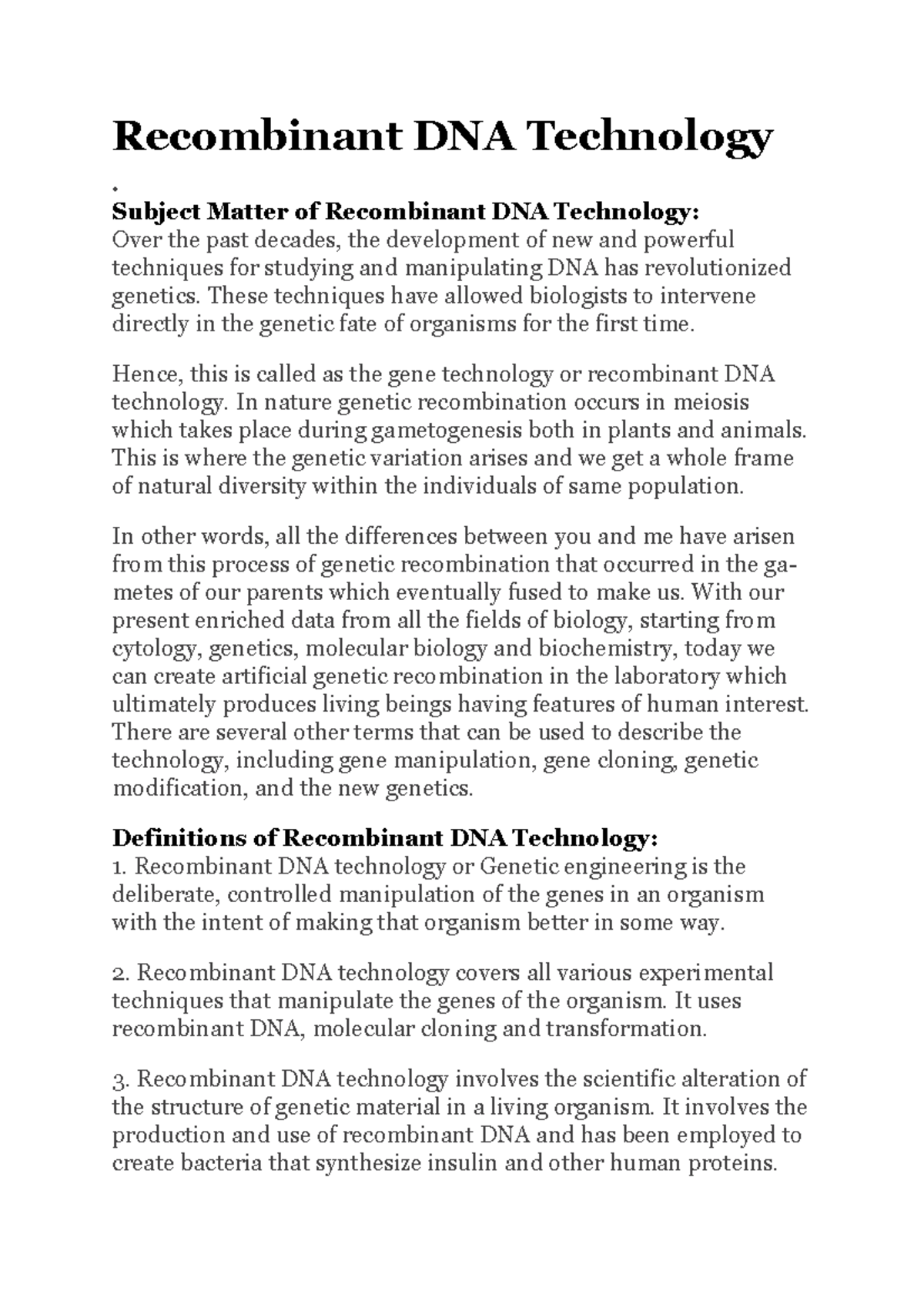 Recombinant DNA Technology - Subject Matter of Recombinant DNA ...