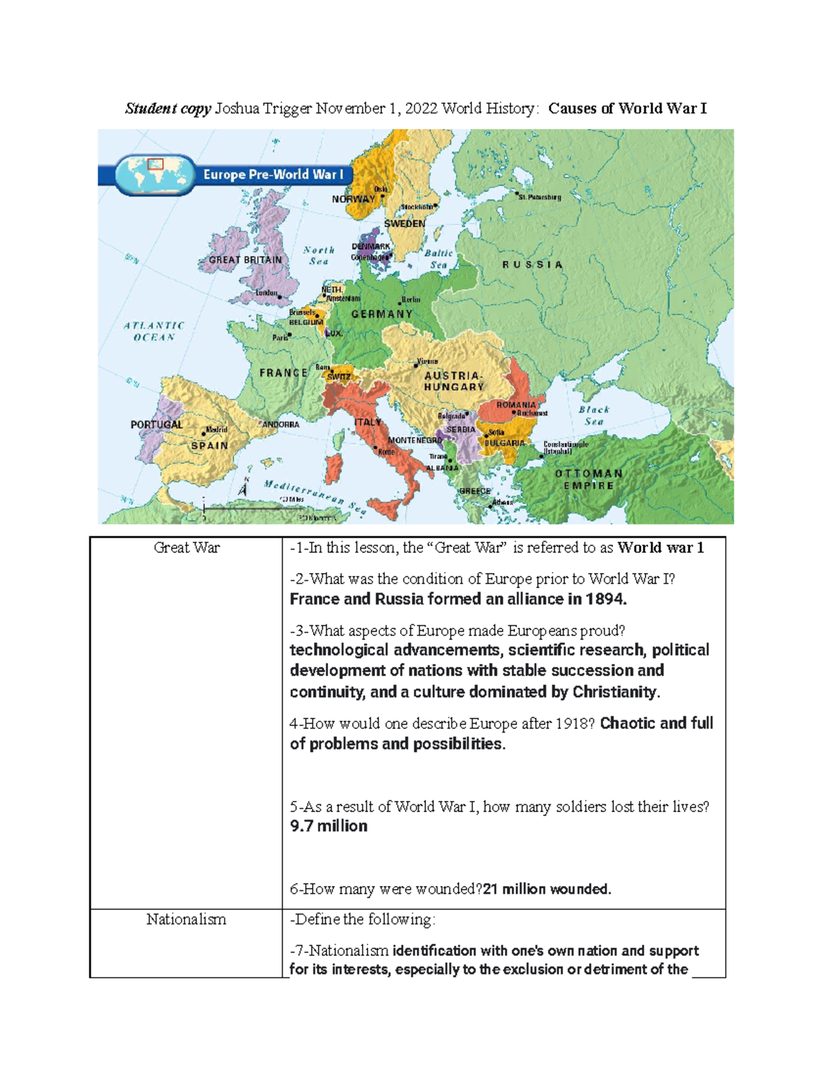 Cause of world war 1 french - Student copy Joshua Trigger November 1 ...