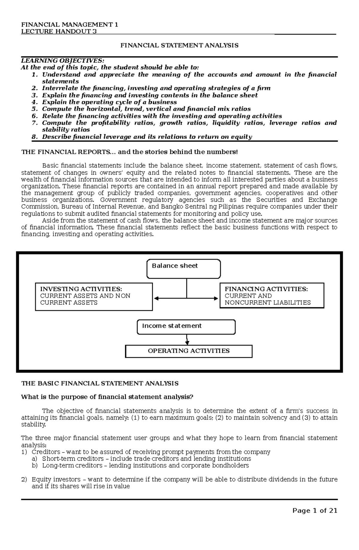 Practice Material for Financial Analysis - LECTURE HANDOUT 3 ...