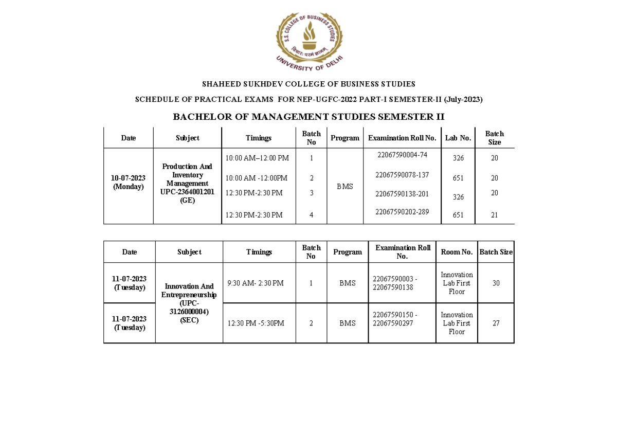 Practical Exam Schedule SEM II JULY 23 - SHAHEED SUKHDEV COLLEGE OF ...
