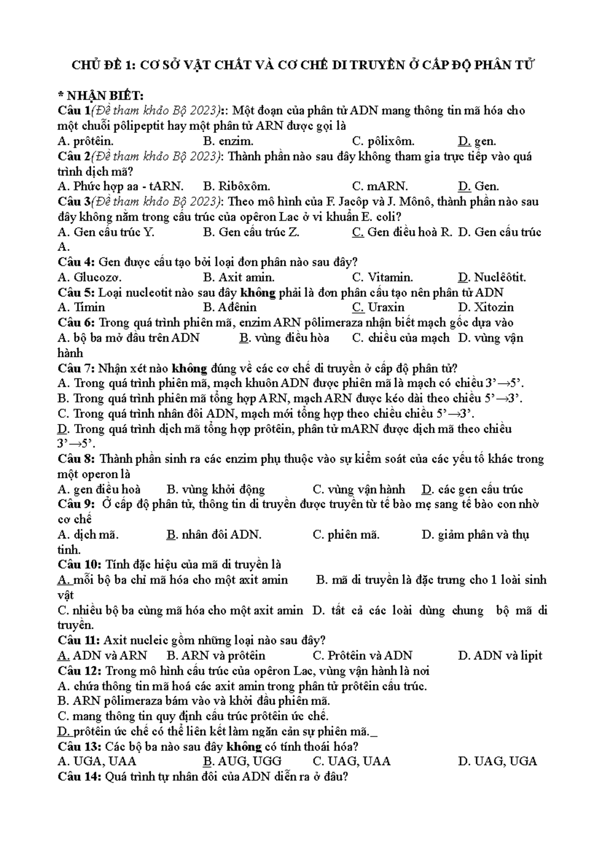 ĐÁP ÁN ĐỀ CƯƠNG CHỦ ĐỀ 1 - sjsje - CHỦ ĐỀ 1: CƠ SỞ VẬT CHẤT VÀ CƠ CHẾ ...