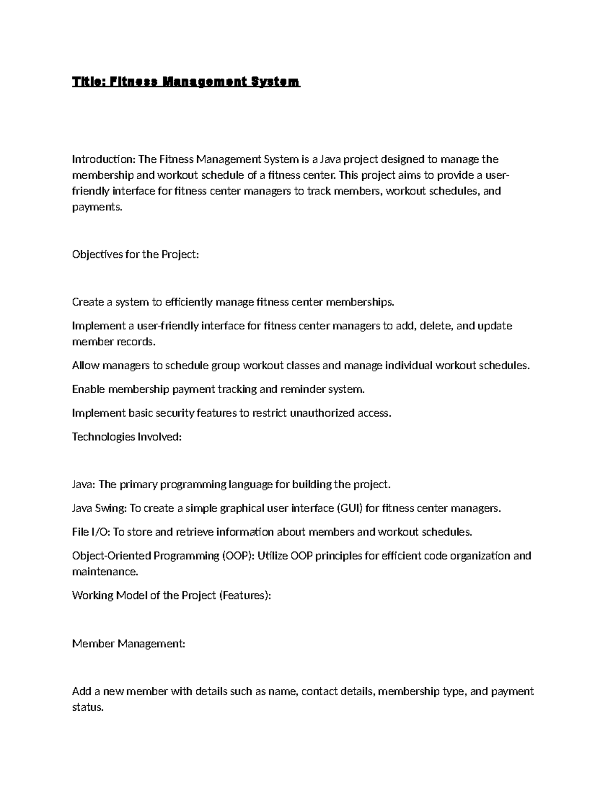 Fitness management project - Title: Fitness Management System ...