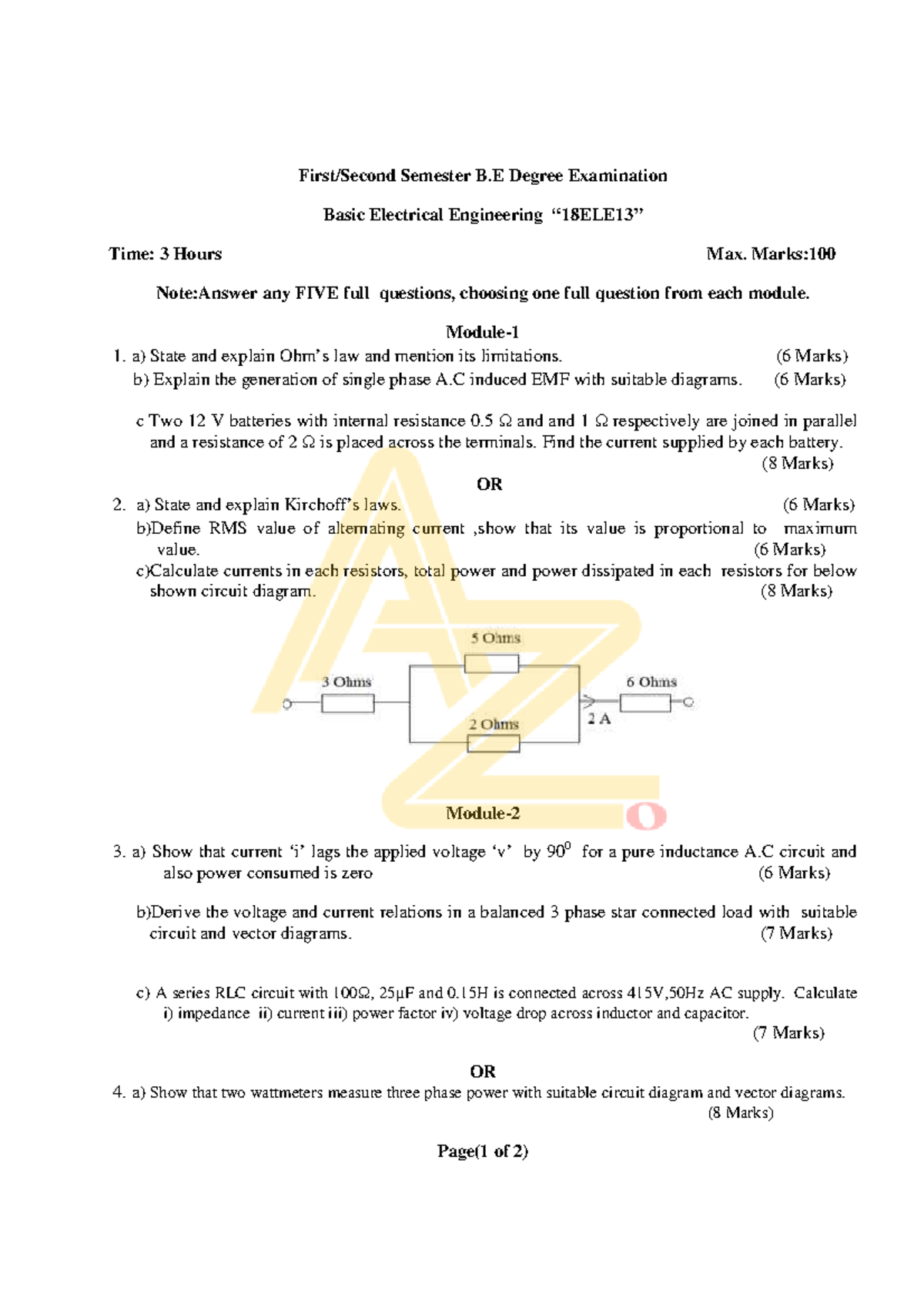 18ELE13 model paper - First/Second Semester B Degree Examination Basic Electrical Engineering ...