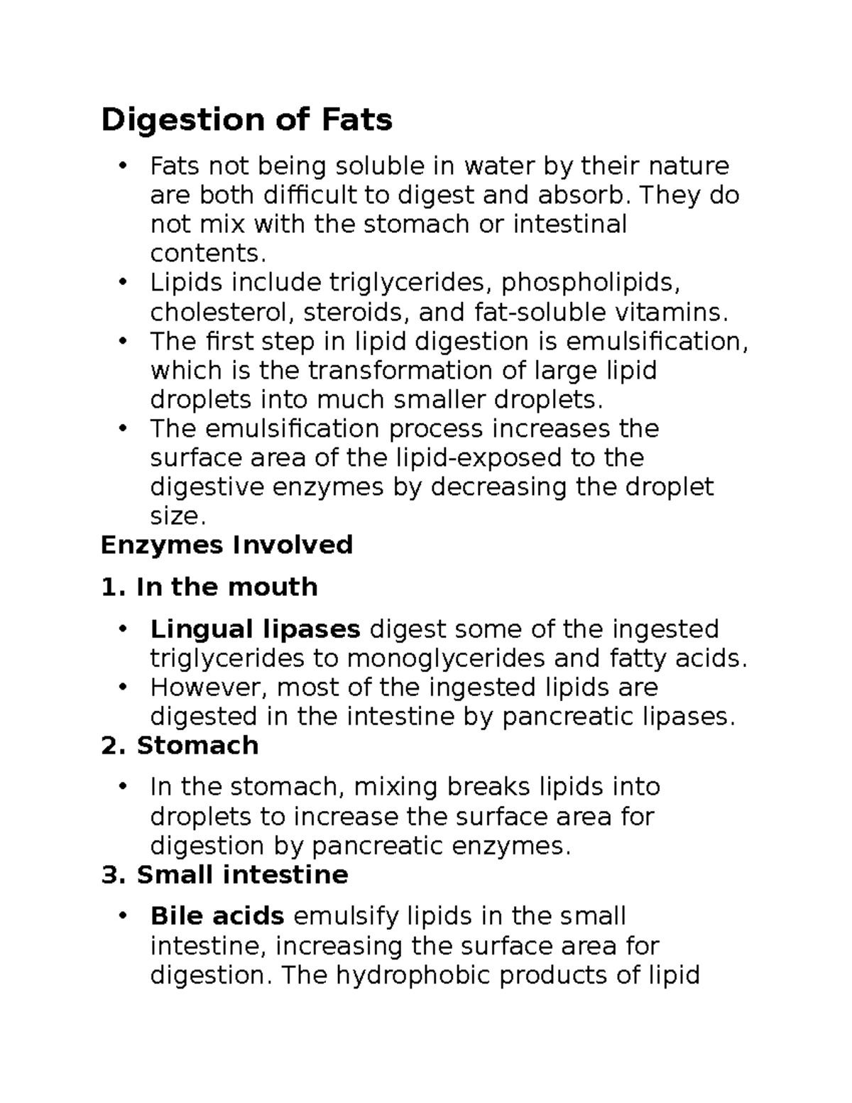 Bio 48 - notes - Digestion of Fats Fats not being soluble in water by ...