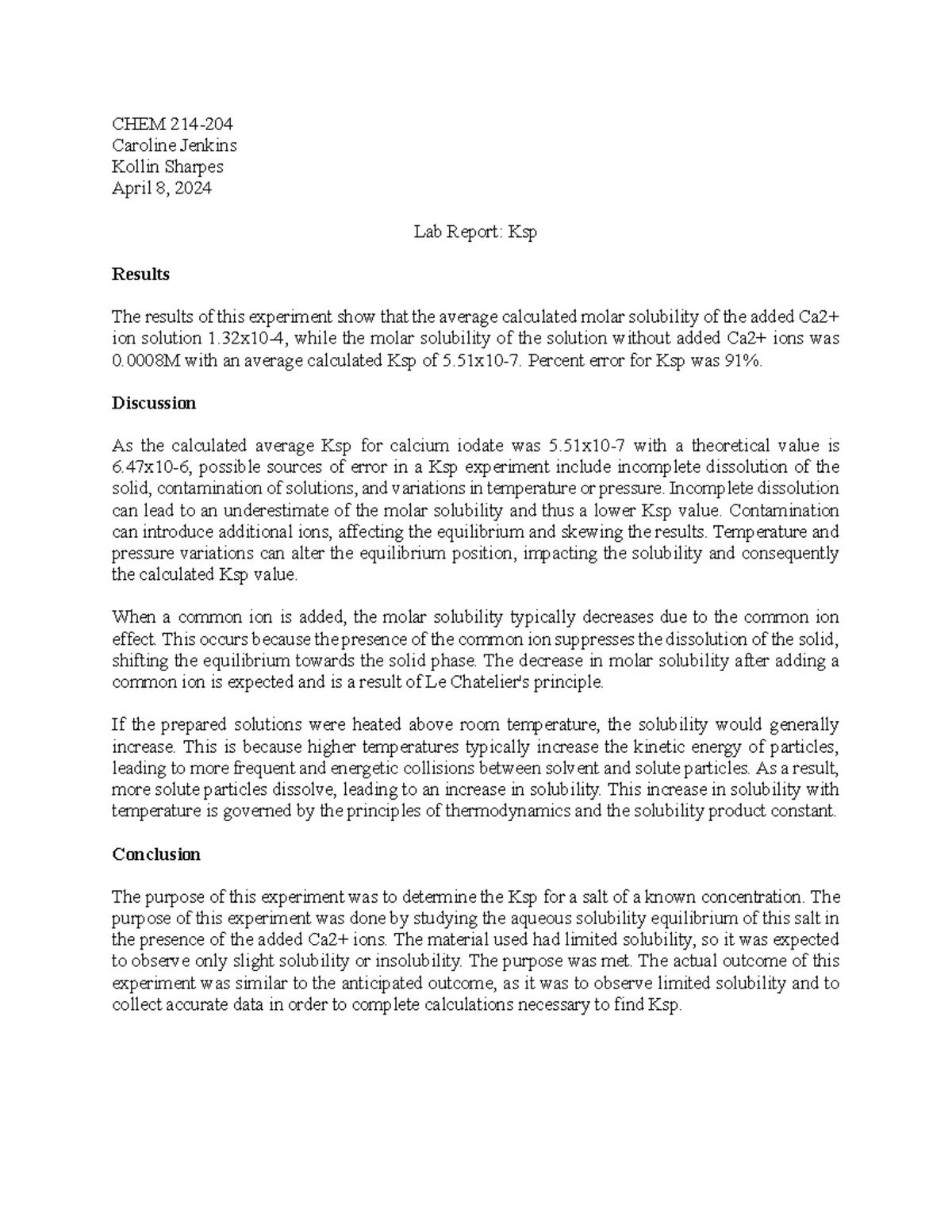 Ksp Lab report - CHEM 214- 204 Caroline Jenkins Kollin Sharpes April 8 ...