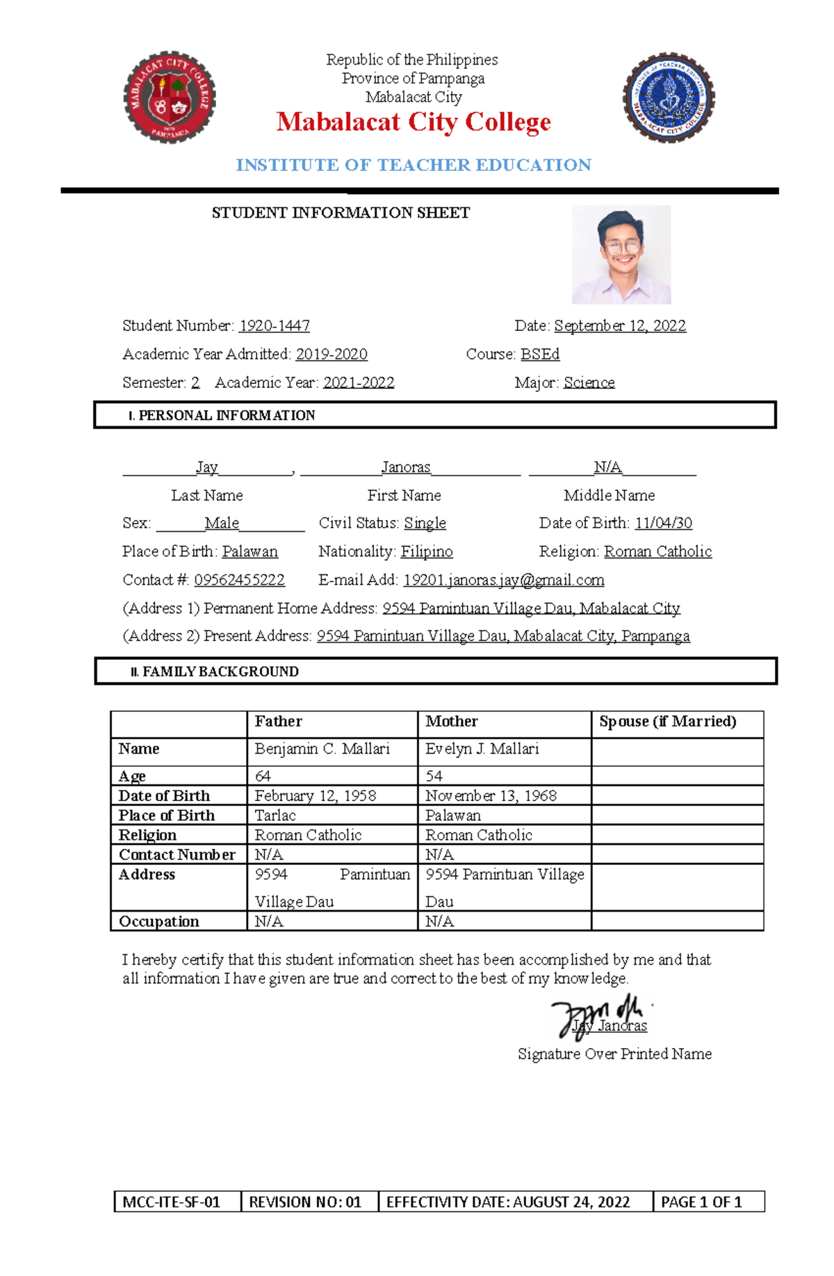 Student-Information-Sheet - Republic of the Philippines Province of ...
