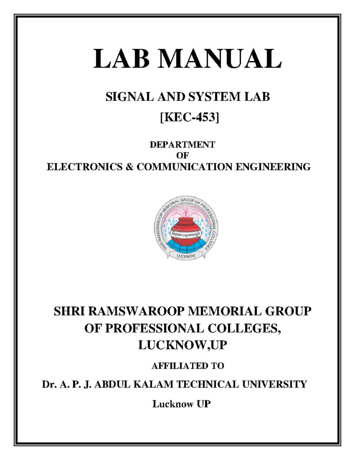 Matlab - LAB MANUAL SIGNAL AND SYSTEM LAB [KEC-453] DEPARTMENT OF ...