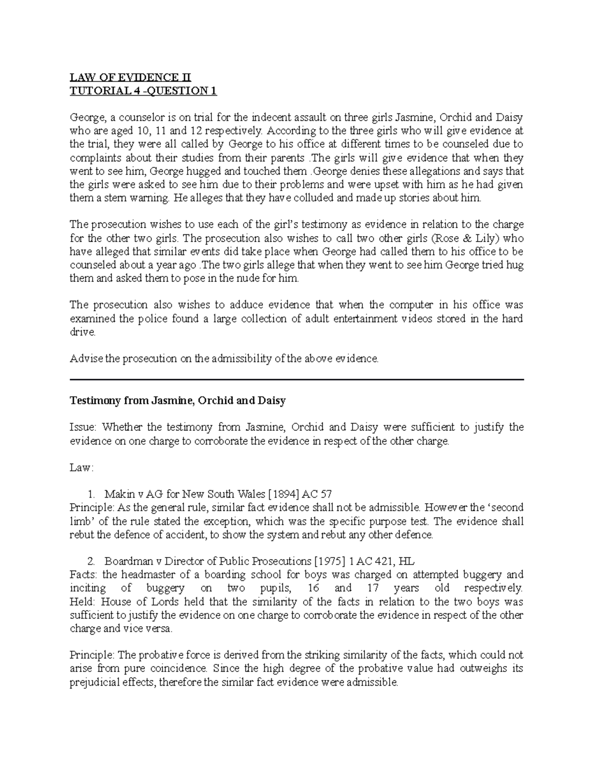 LAW OF Evidence II Tutorial 4 Q1 - LAW OF EVIDENCE II TUTORIAL 4 ...