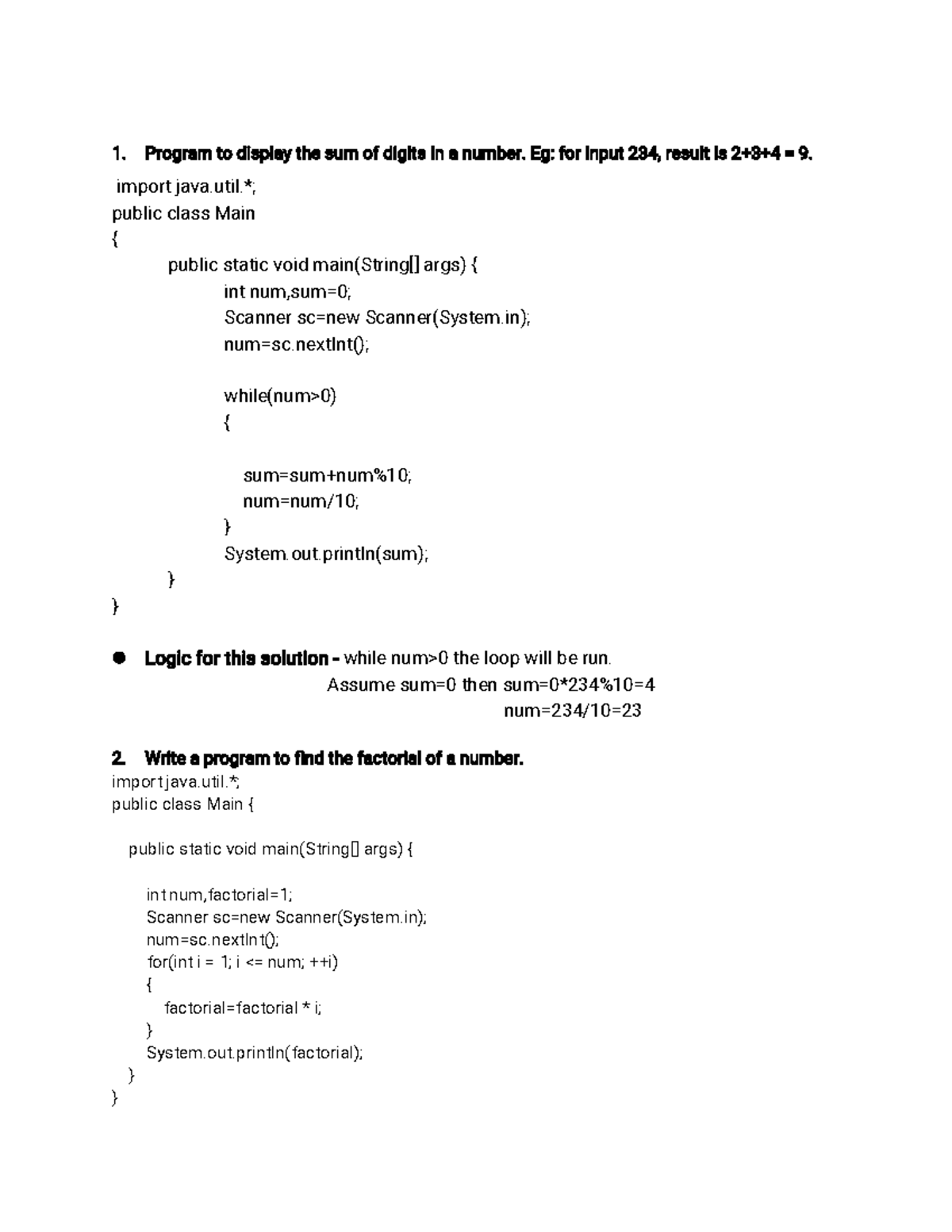 Remedials Assignments Sandip Das - 1. Program to display the sum of digits in a number. Eg: for ...