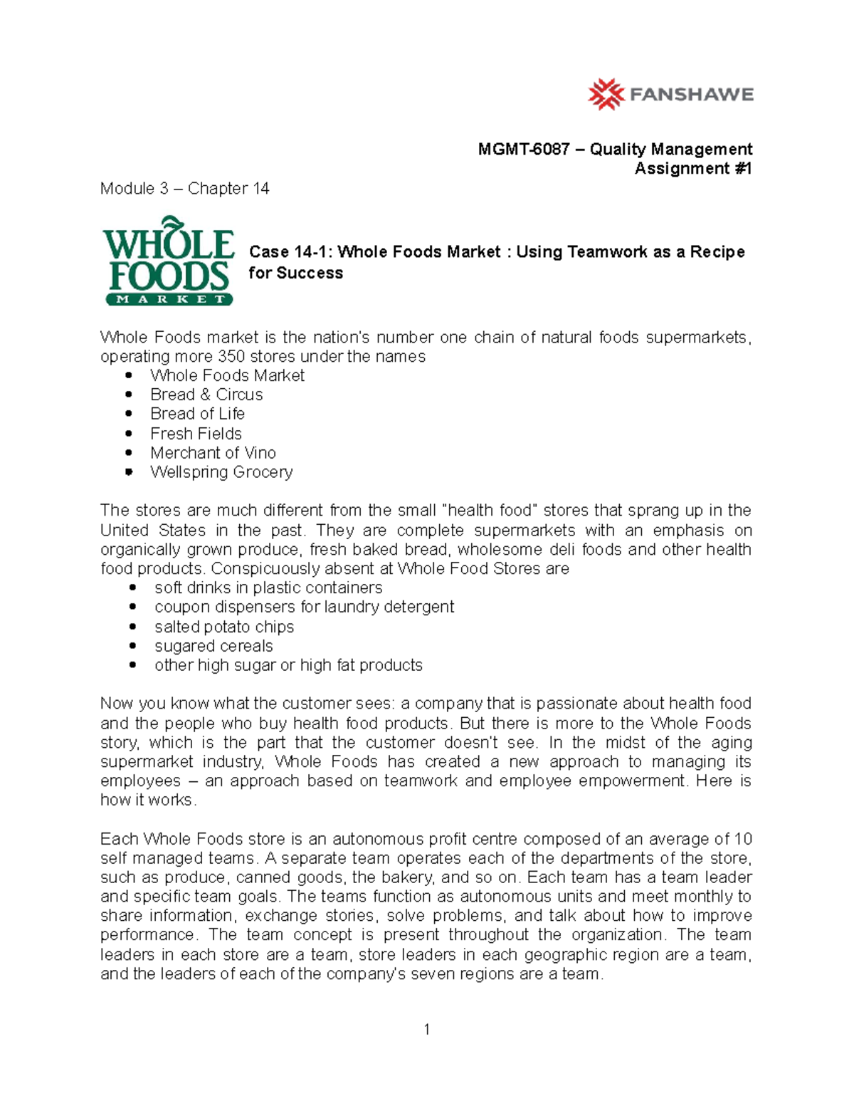 Assignment 1 - Module 3 - Quality Teams - MGMT-6087 – Quality ...