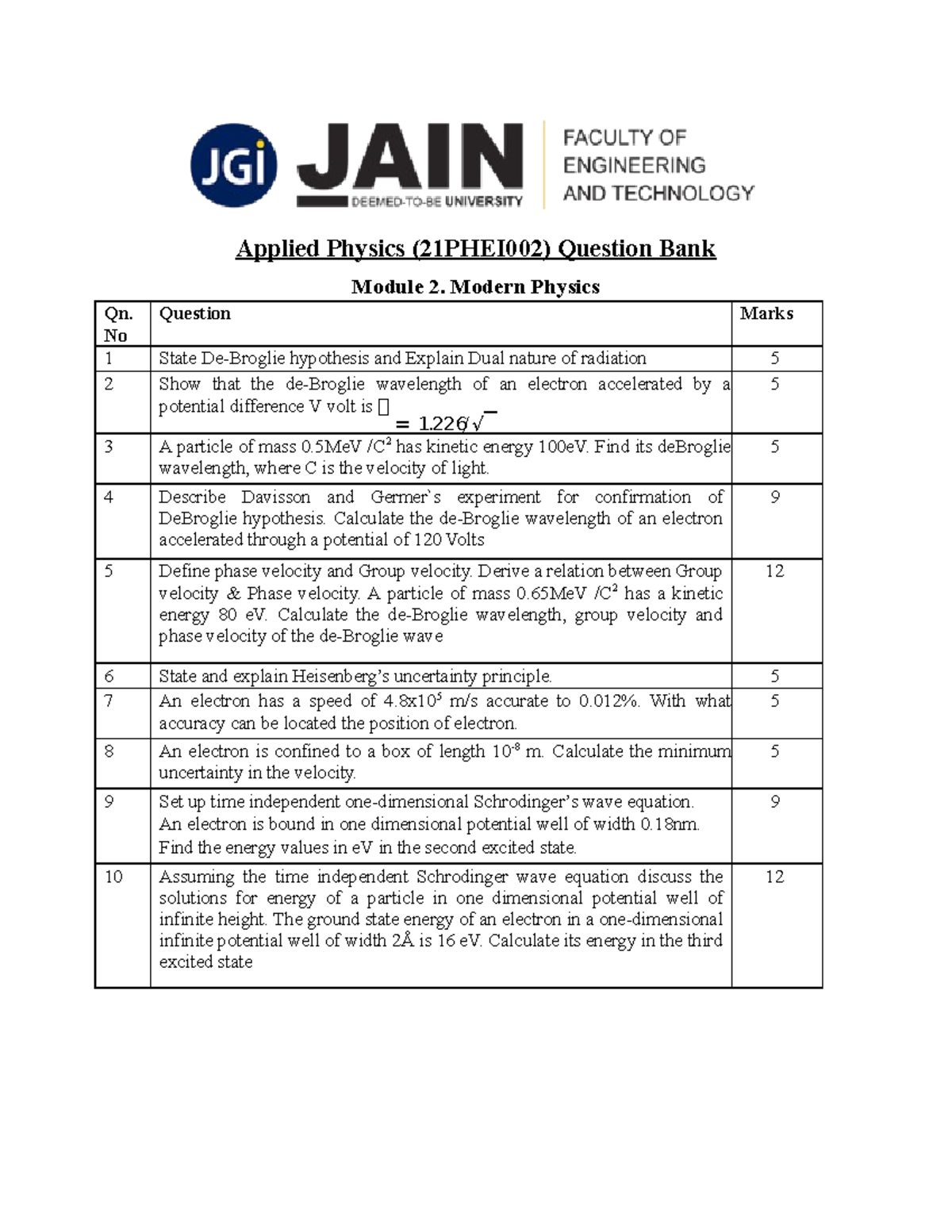 Physics (21PHEI002) QB Module 2 - Applied Physics (21PHEI002) Question ...