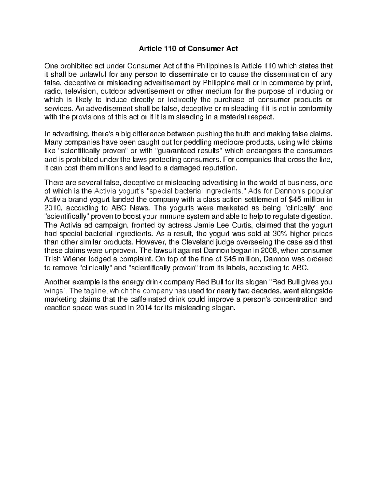 Article 110 of Consumer Act - An advertisement shall be false ...